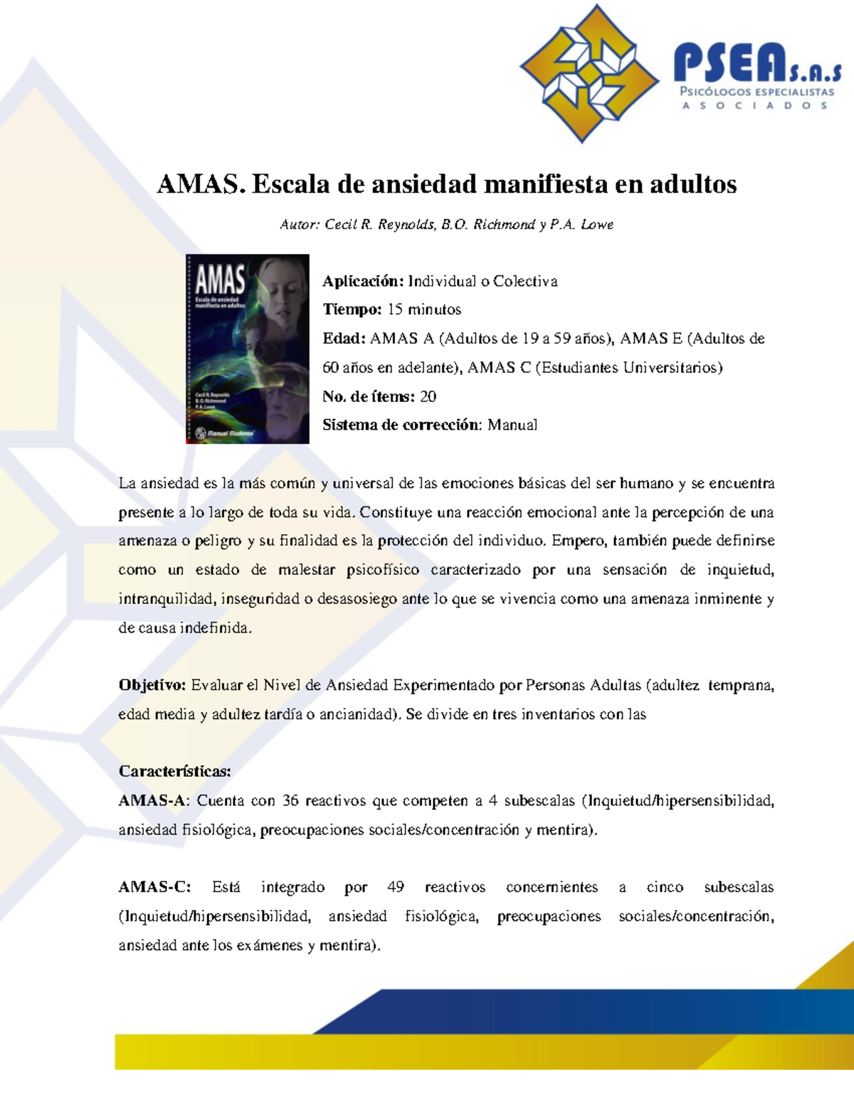 AMAS - Escala de ansiedad manifiesta en adultos Autor: Cecil R ...