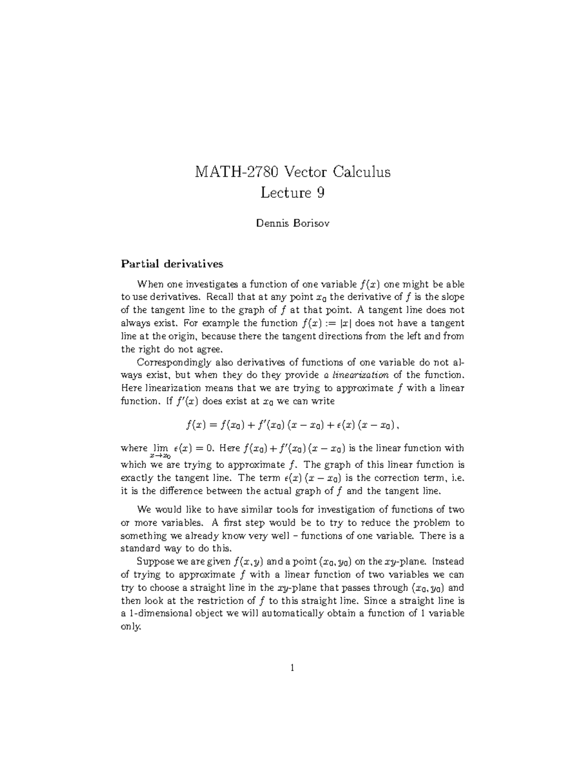 MATH-2780 Vector Calculus Lecture 09 - MATH-2780 Vector Calculus Lecture 9 Dennis Borisov ...