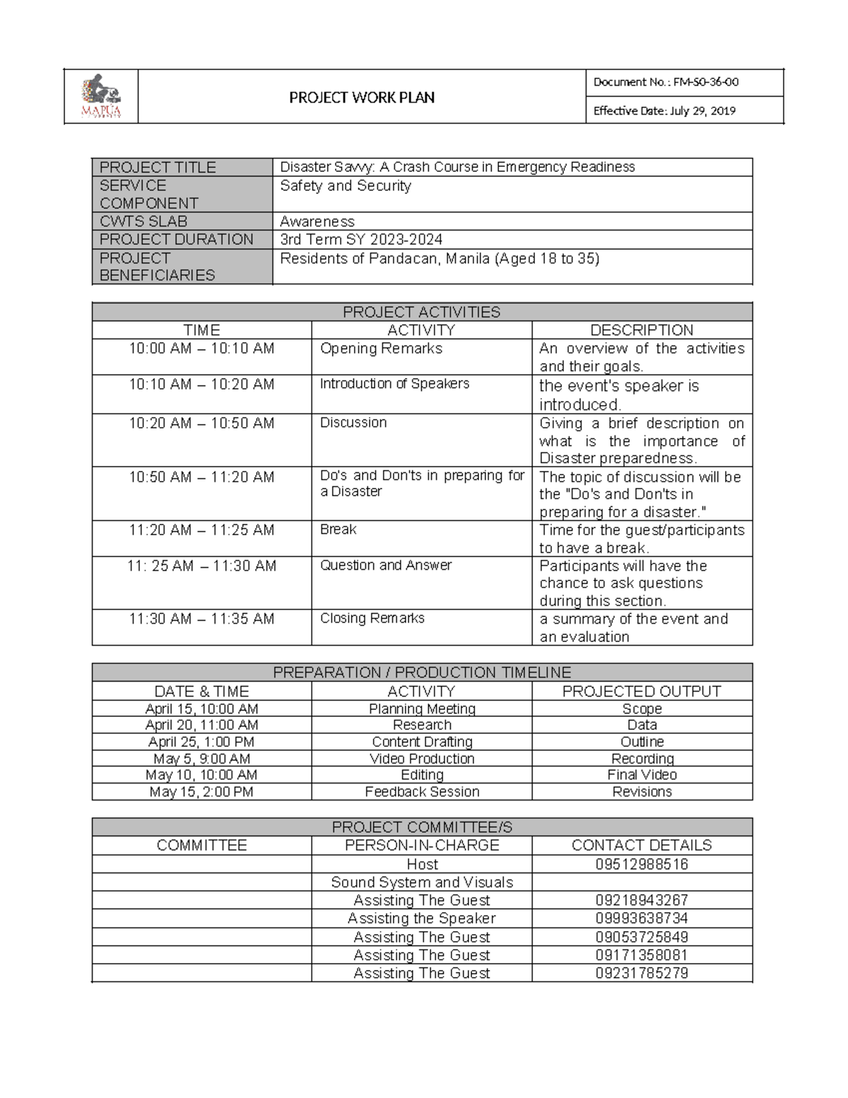 Project Work Plan Form - PROJECT WORK PLAN Document No.: FM-S0-36 ...