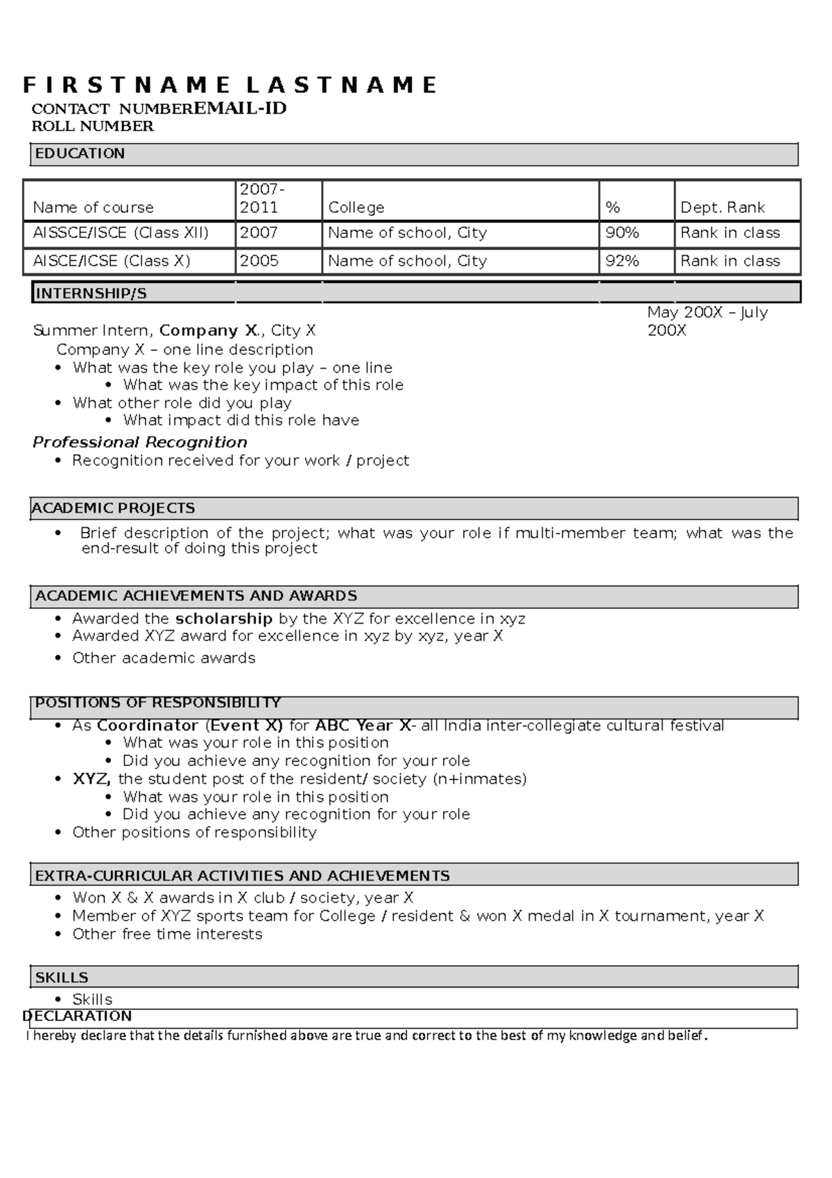 Standard CV Format- DTU - F I R S T N A M E L A S T N A M E CONTACT ...
