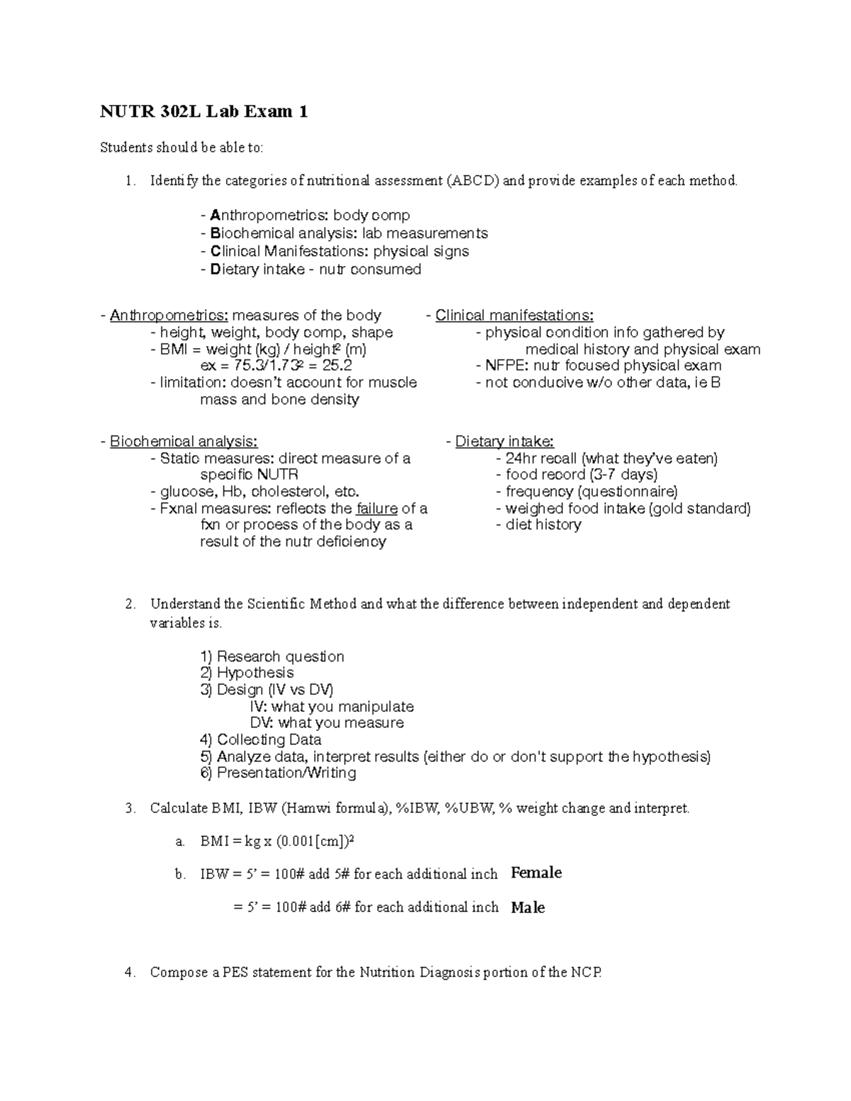 302L Exam 1 Study - NUTR 302L Lab Exam 1 Students should be able to: 1 ...
