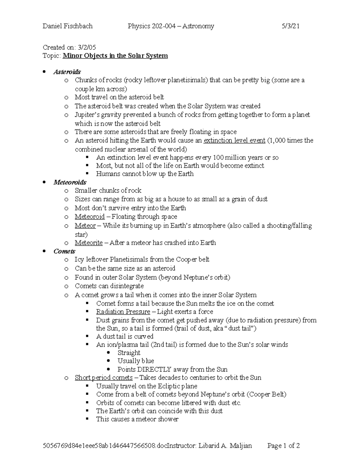 Minor Objects in the Solar System Notes - Daniel Fischbach Physics 202 ...