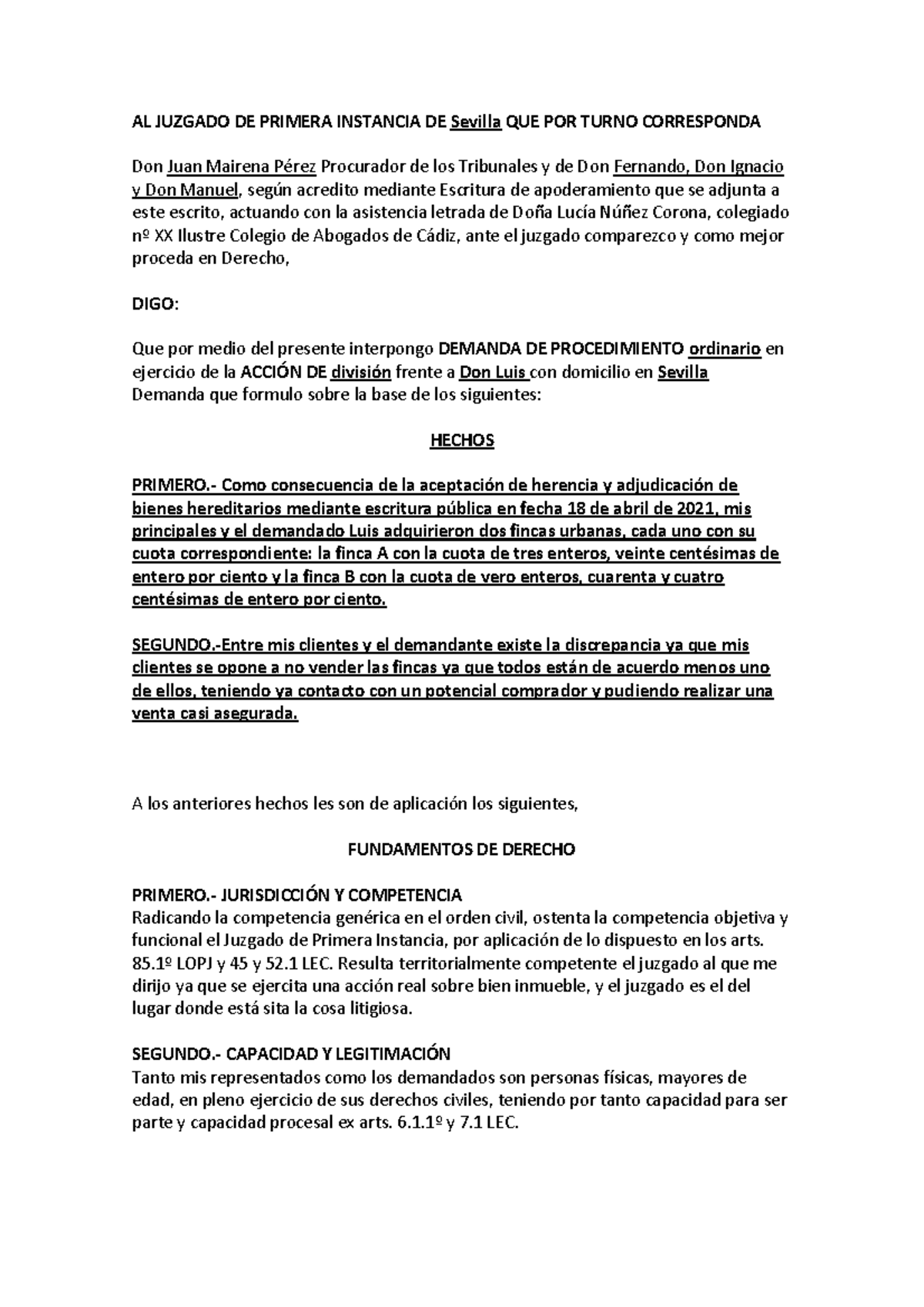 Solución demanda civil - AL JUZGADO DE PRIMERA INSTANCIA DE Sevilla QUE ...