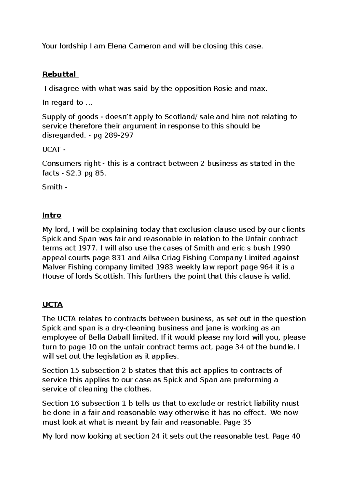 Moot argument - Your lordship I am Elena Cameron and will be closing ...