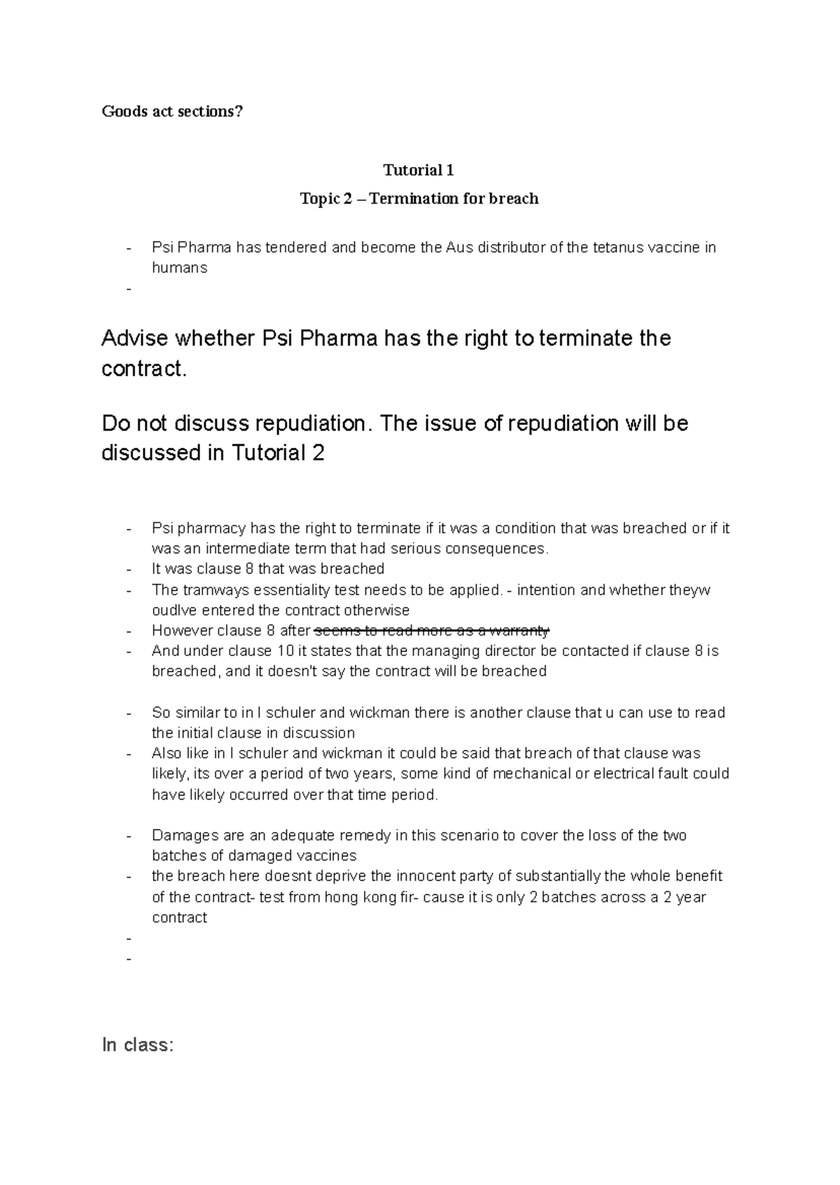 Contract b tutorials - Goods act sections? Tutorial 1 Topic 2 – Termination for breach - Psi ...