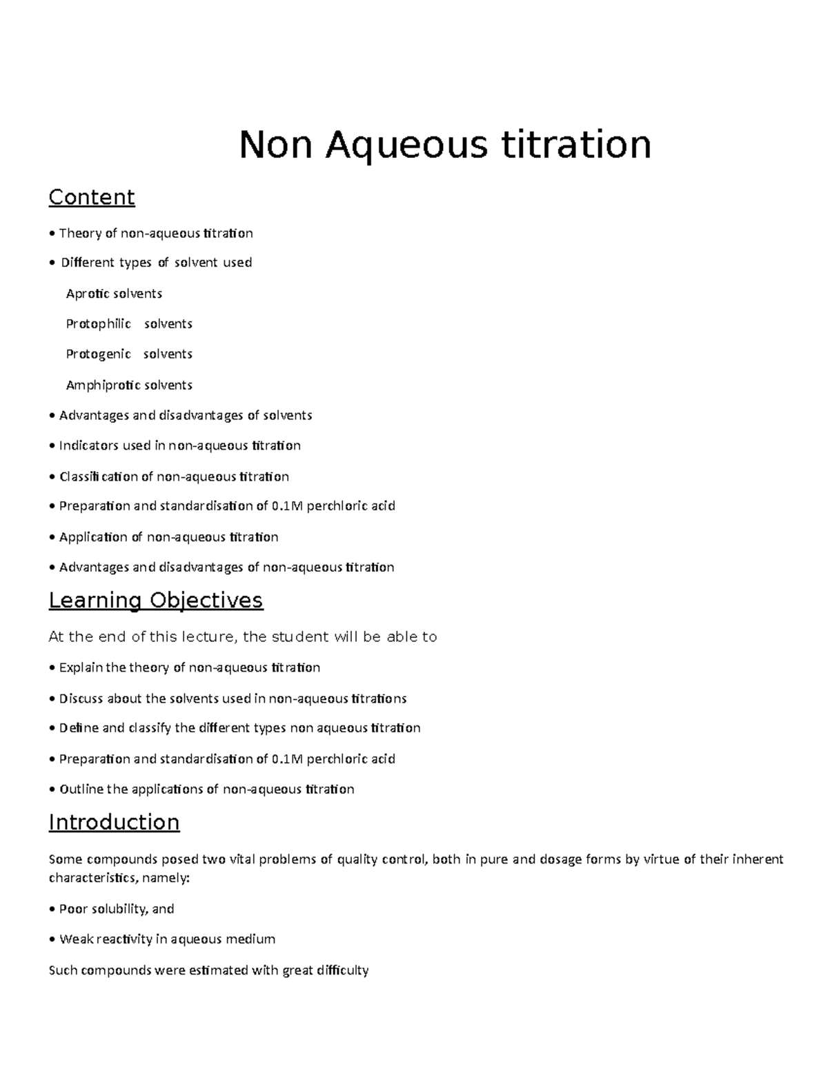 Chapter - 11 non aquous titration - Non Aqueous titration Content ...