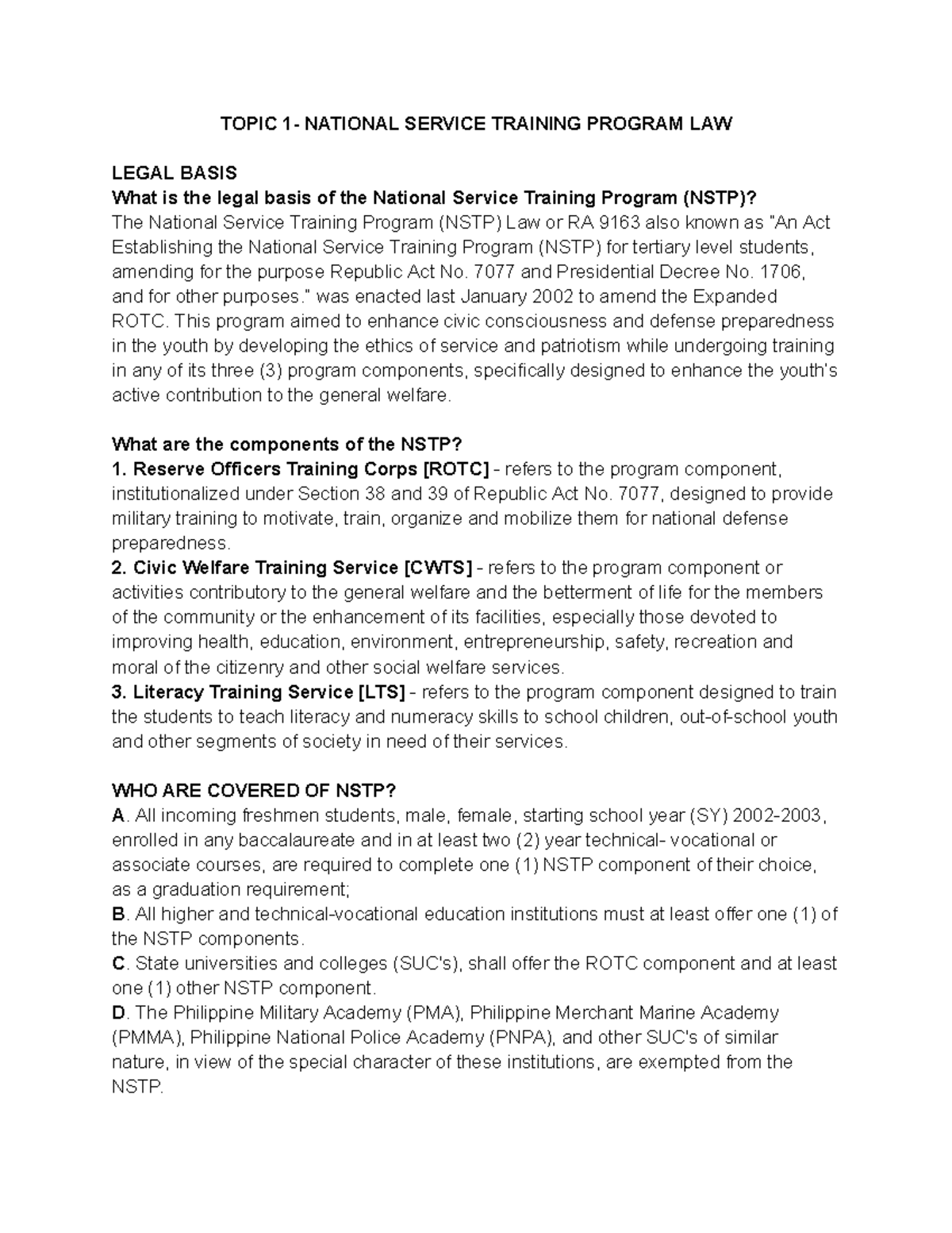 NSTP- Reviewer - NSTP - TOPIC 1- NATIONAL SERVICE TRAINING PROGRAM LAW ...