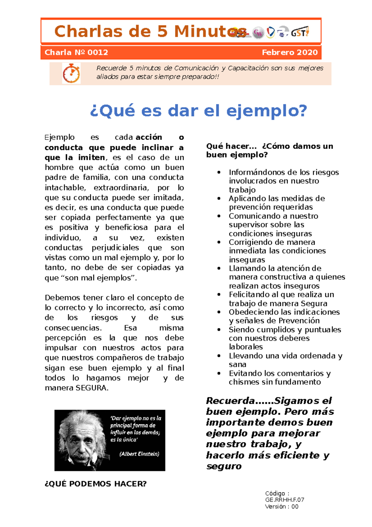 Charla Nº22 Que es dar el ejemplo - Charlas de 5 Minutos Charla Nº 0012 ...