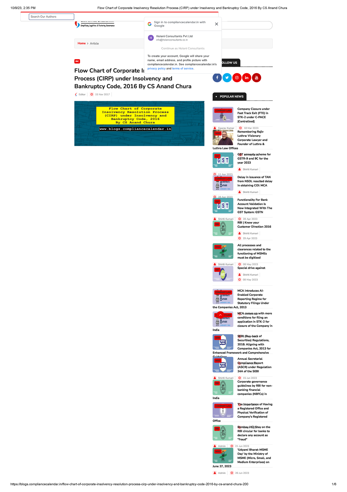 Flow Chart of Corporate Insolvency Resolution Process (CIRP) under ...