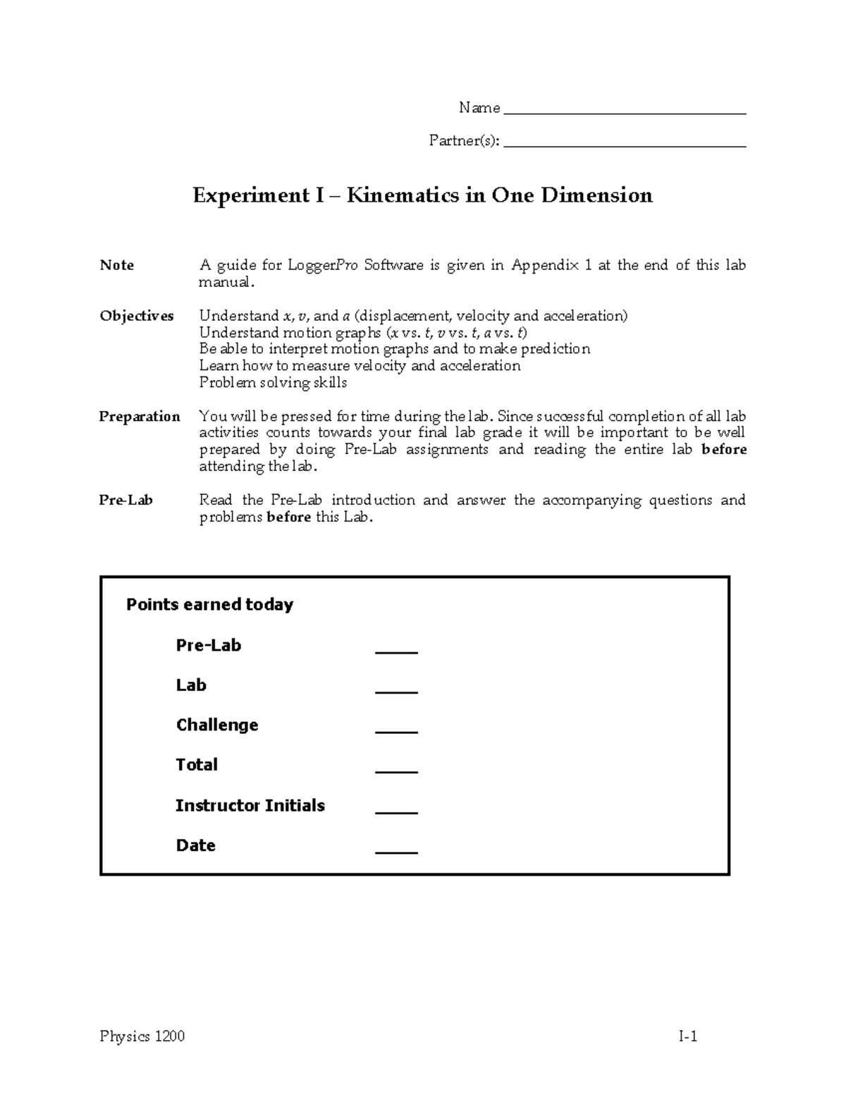 Kinematics - Laboratory - Physics 1200 I- Name ...