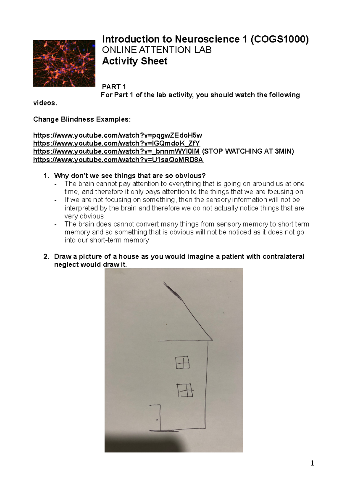 Attention Lab Practical Worksheet - Introduction to Neuroscience 1 ...