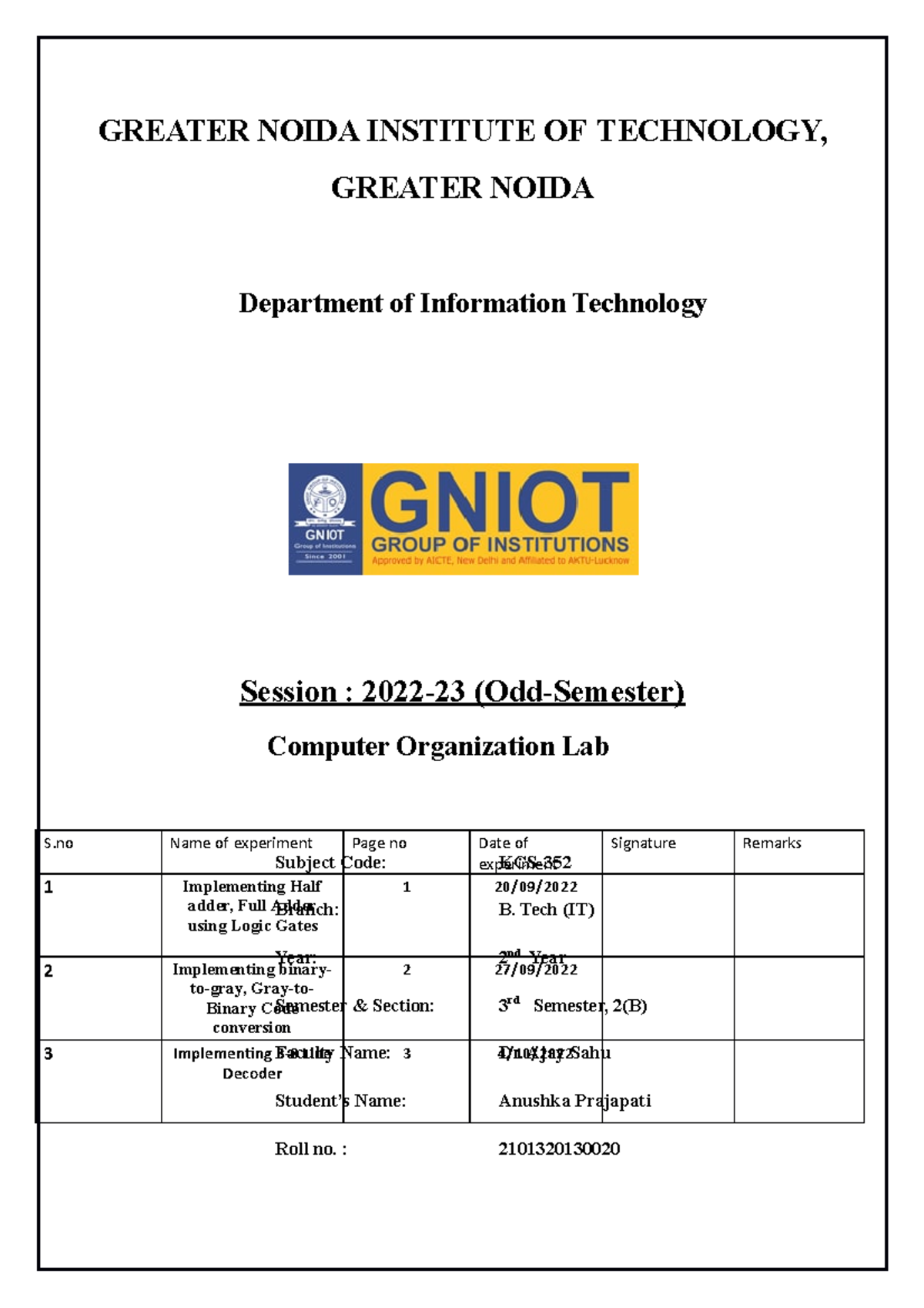 Coa lab file - GREATER NOIDA INSTITUTE OF TECHNOLOGY, GREATER NOIDA ...