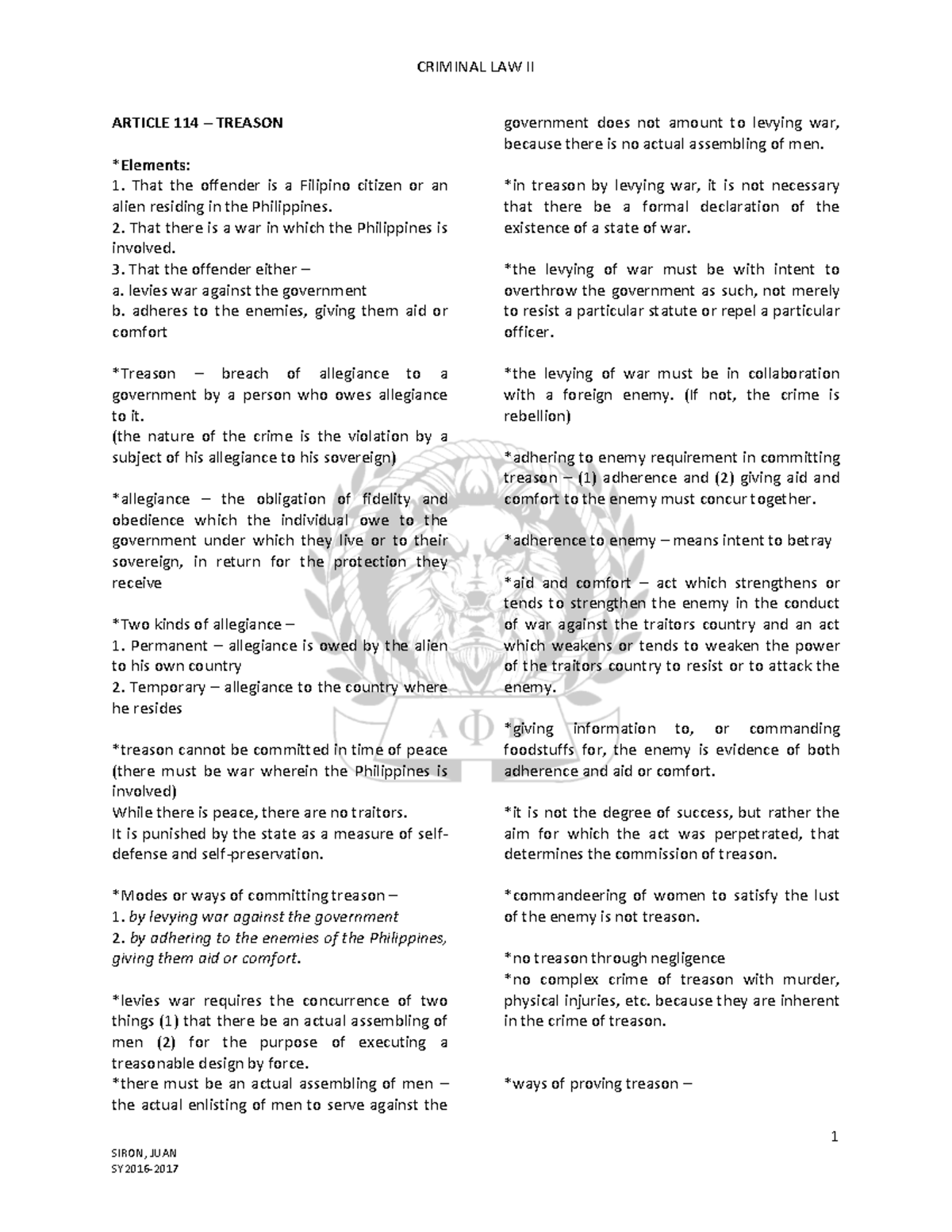 RPC Criminal LAW BOOK 2 Notes - 1 SIRON, JUAN ARTICLE 114 3 TREASON ...