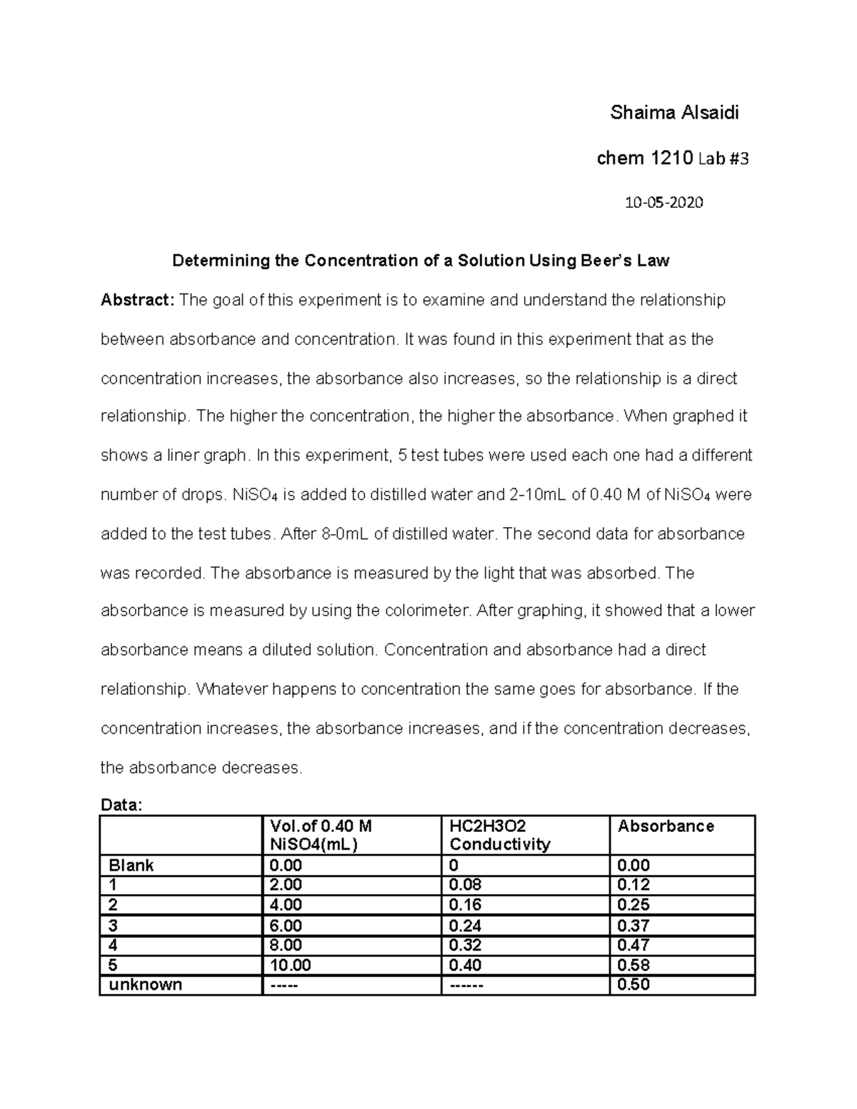 Chem lab 3 1220 - Shaima Alsaidi chem 1210 Lab 10-05- Determining the ...