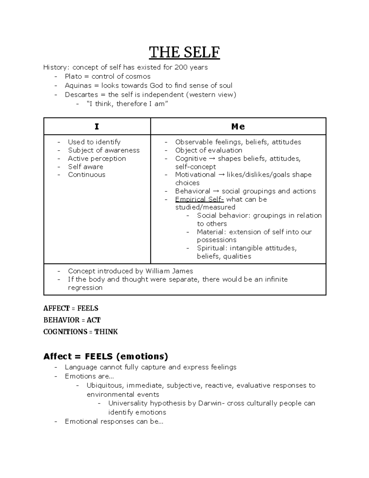 Intro Psych Exam 3 Notes - THE SELF History: concept of self has ...