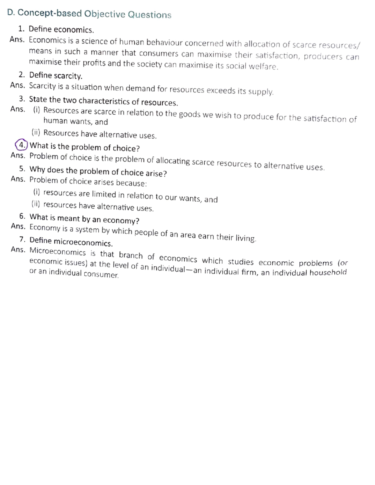 Concept Based Objective Questions D Concept Based Objective Questions 1 Define Economics