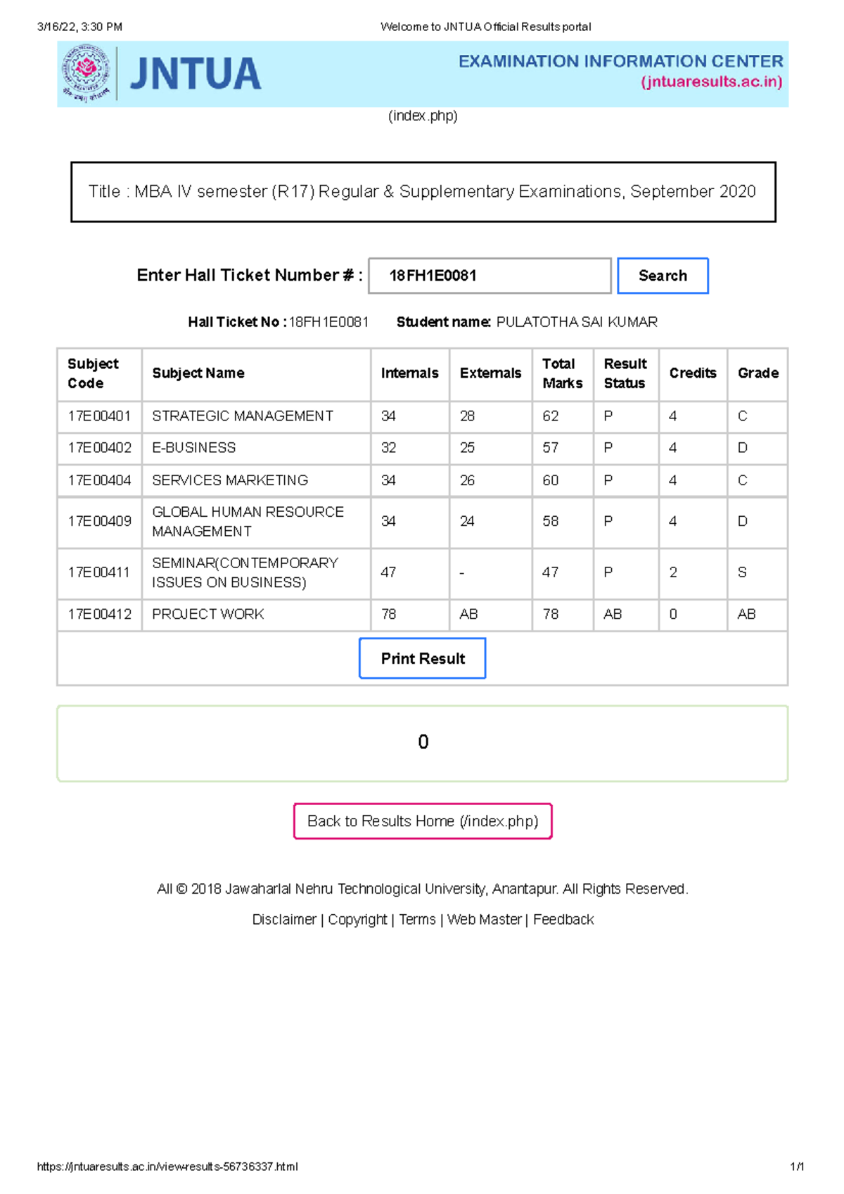 S4 - tutorial work - 3/16/22, 3:30 PM Welcome to JNTUA Official Results ...