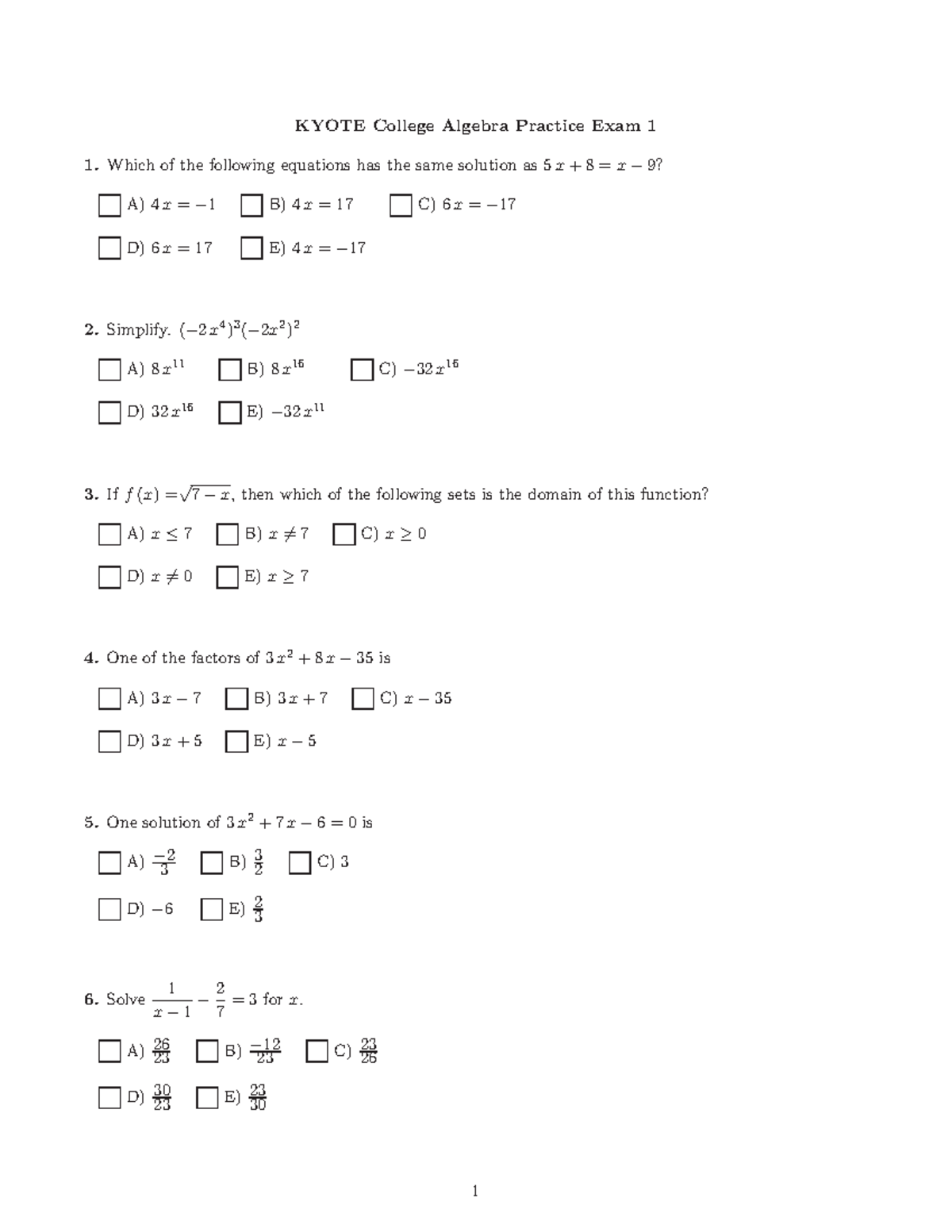 Algebra Practice Sheets - KYOTE College Algebra Practice Exam 1 Which ...
