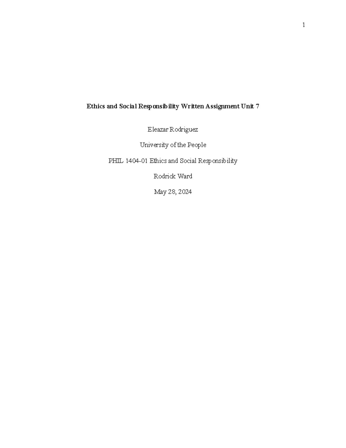Ethics and Social Responsibility Assignment Unit 7 - Ethics and Social ...