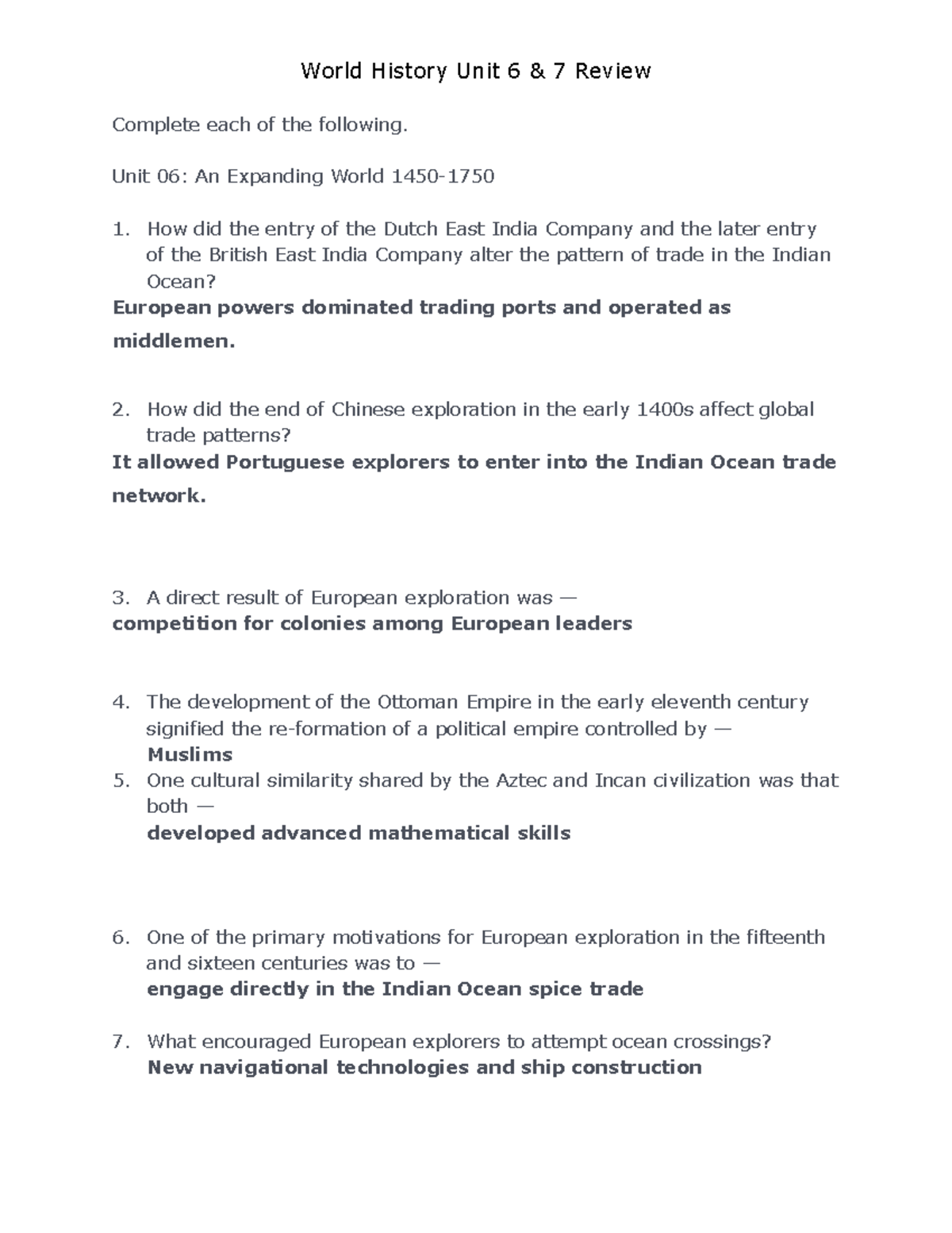 Unit 6 & 7 Review - Class work - Complete each of the following. Unit ...