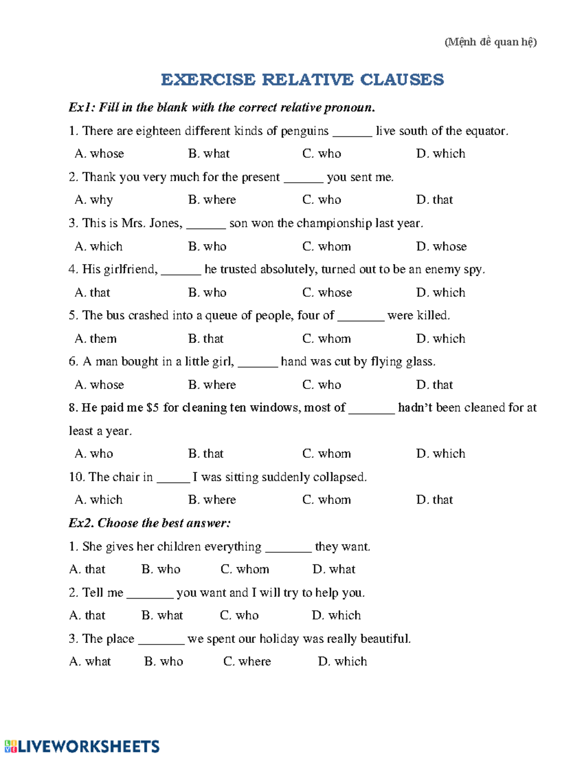 Relative clauses practice - (Mệnh đề quan hệ) EXERCISE RELATIVE CLAUSES ...