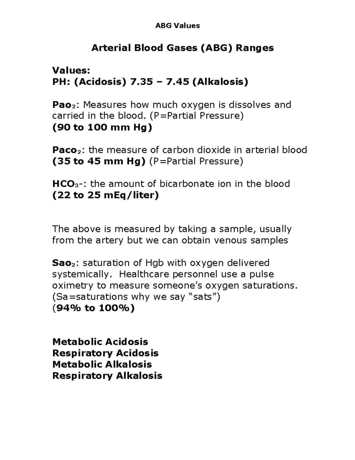 ABG Values for Chemistry Homework in School - ABG Values Arterial Blood ...