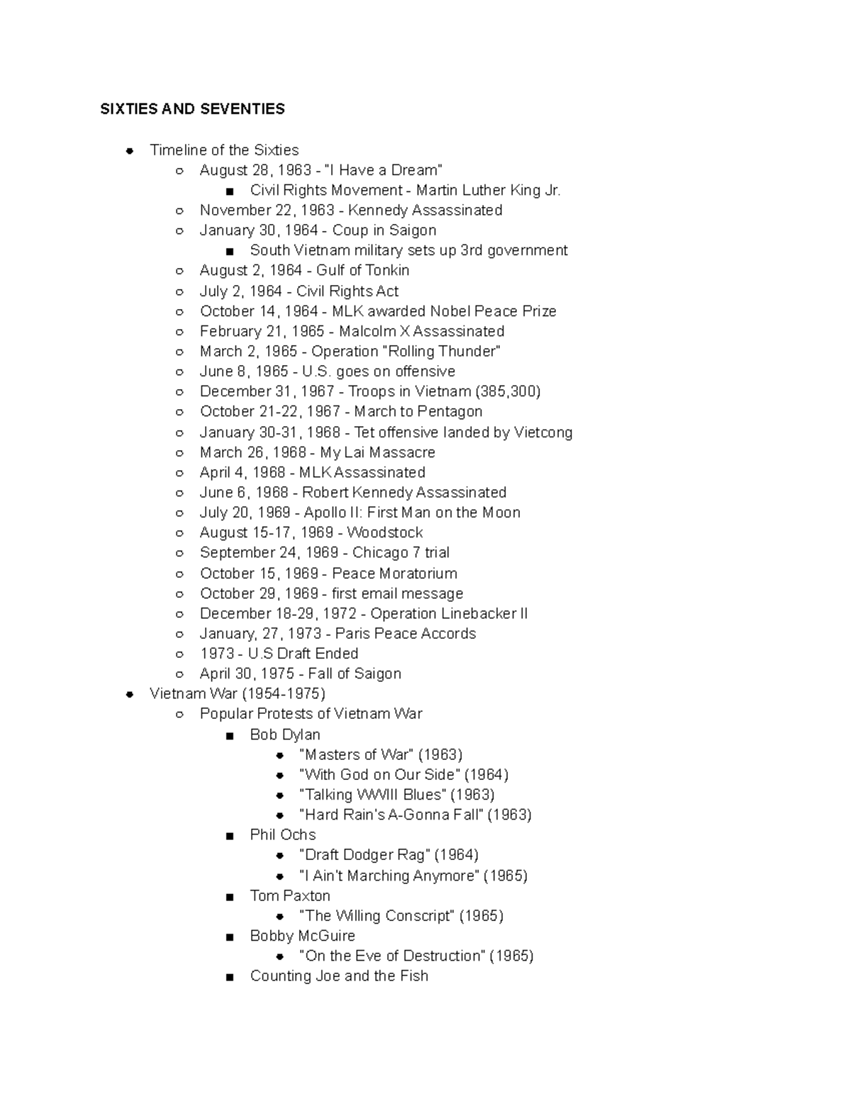 HON 151 Notes 14 - Sixties AND Seventies - SIXTIES AND SEVENTIES ...