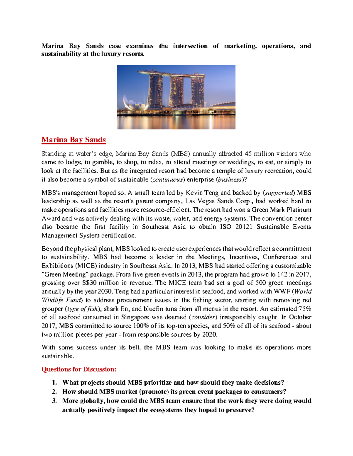 Material 004 FEB Marina BAY Sands CASE Study - Marina Bay Sands case examines the intersection ...