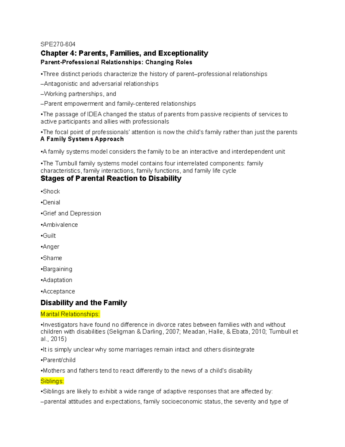SPE Chapter 4 Notes - SPE270- Chapter 4: Parents, Families, and ...