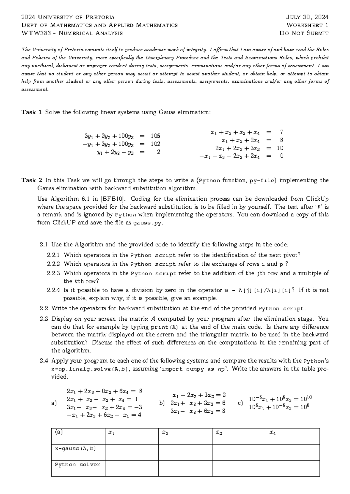 Worksheet 1 - swswsw - 2024 University of Pretoria July 30, 2024 Dept ...