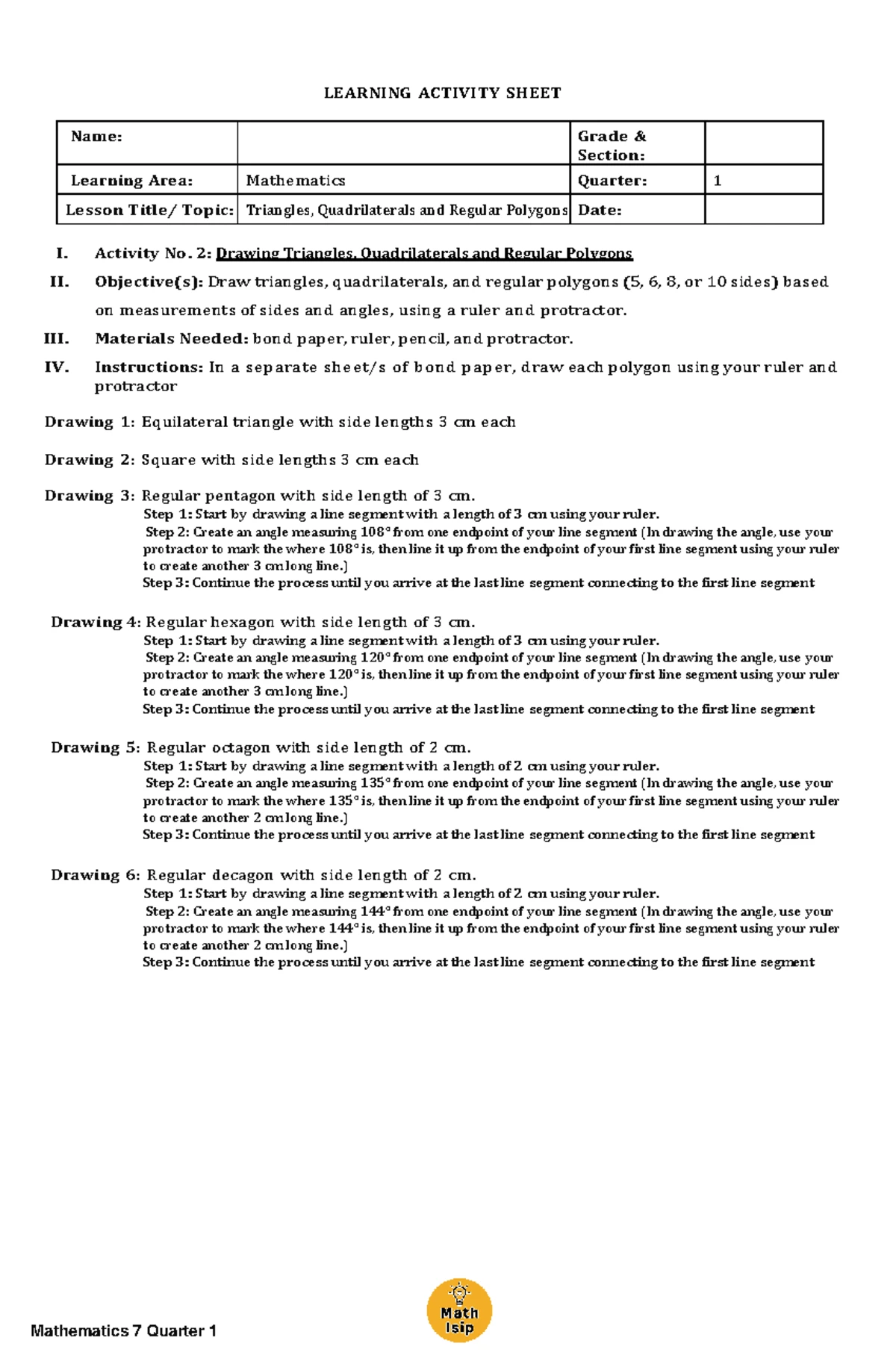 Summative TEST 1.3 Grade 7 - SUMMATIVE TEST/ WORKSHEET NUMBER 3 Name ...