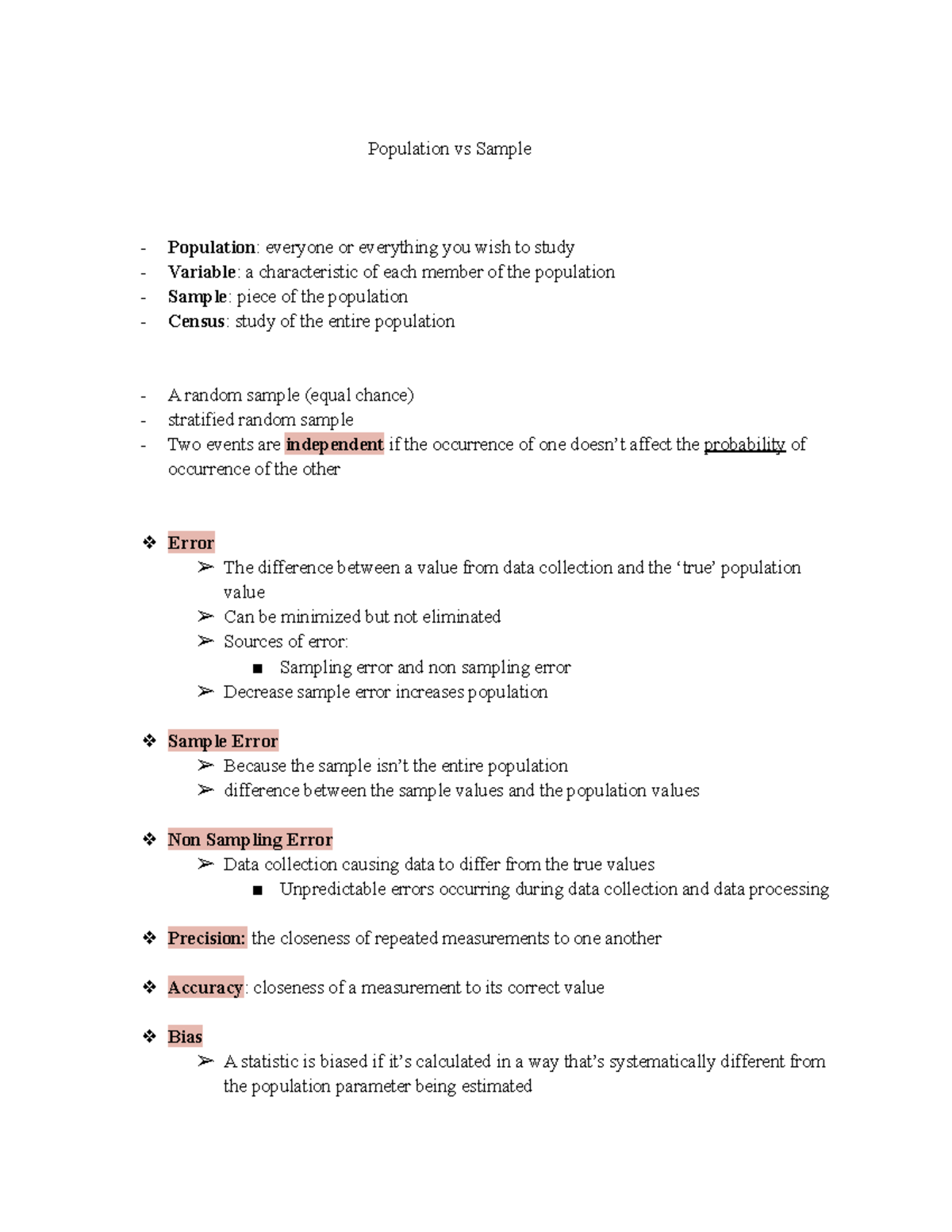 Bio 260 pop vs sample - These lecture notes are from biological ...