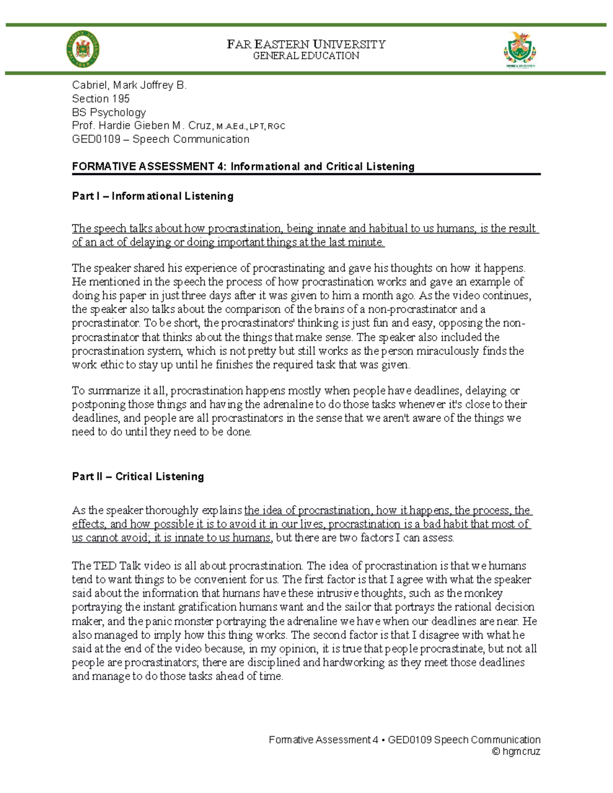 Formative Assessment 1 Template Far Eastern University General