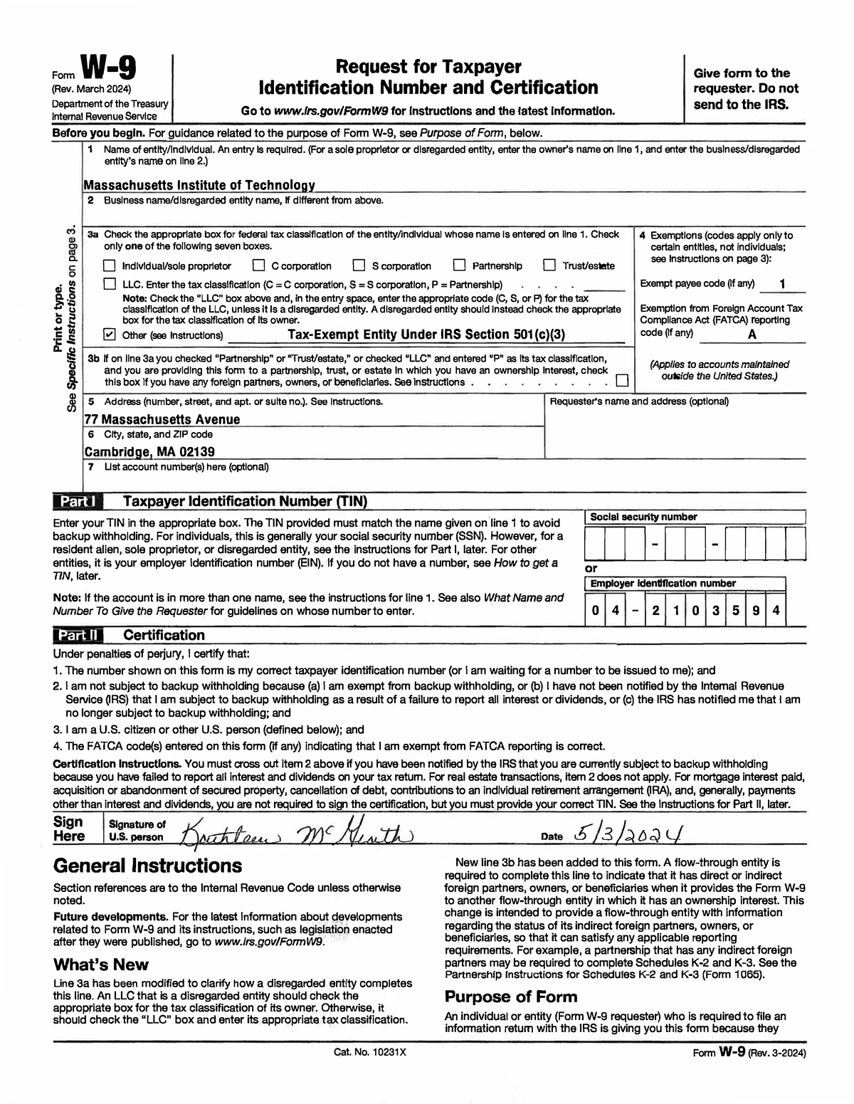 2025 W-9 Form - Notes for class - Fonn W• (Rev. March 2024 ...