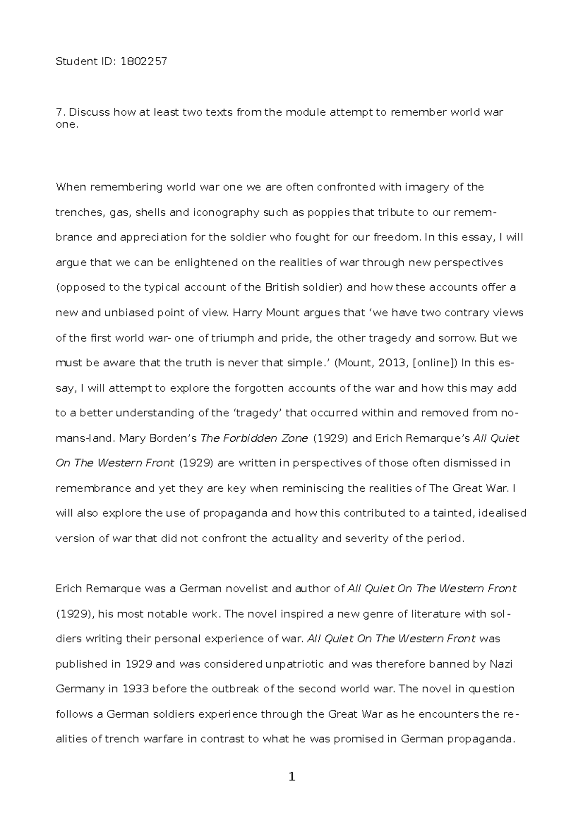 Writing world war 1 summative assessment - Student ID: 1802257 Discuss ...