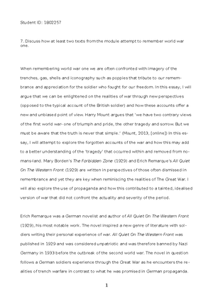 Writing world war 1 summative assessment - Student ID: 1802257 Discuss ...