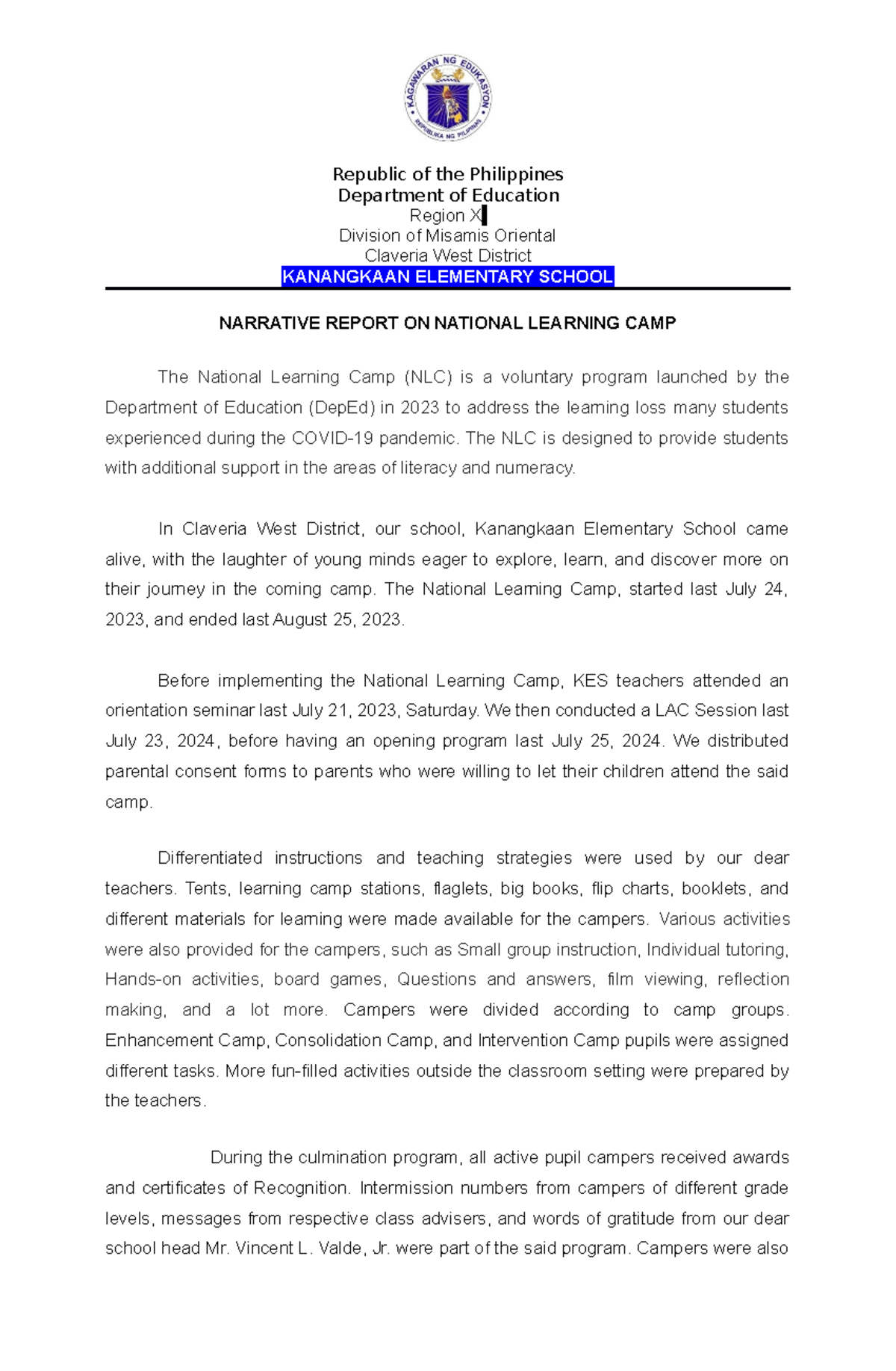 Narrative Report ON National Learning CAMP - Republic of the ...