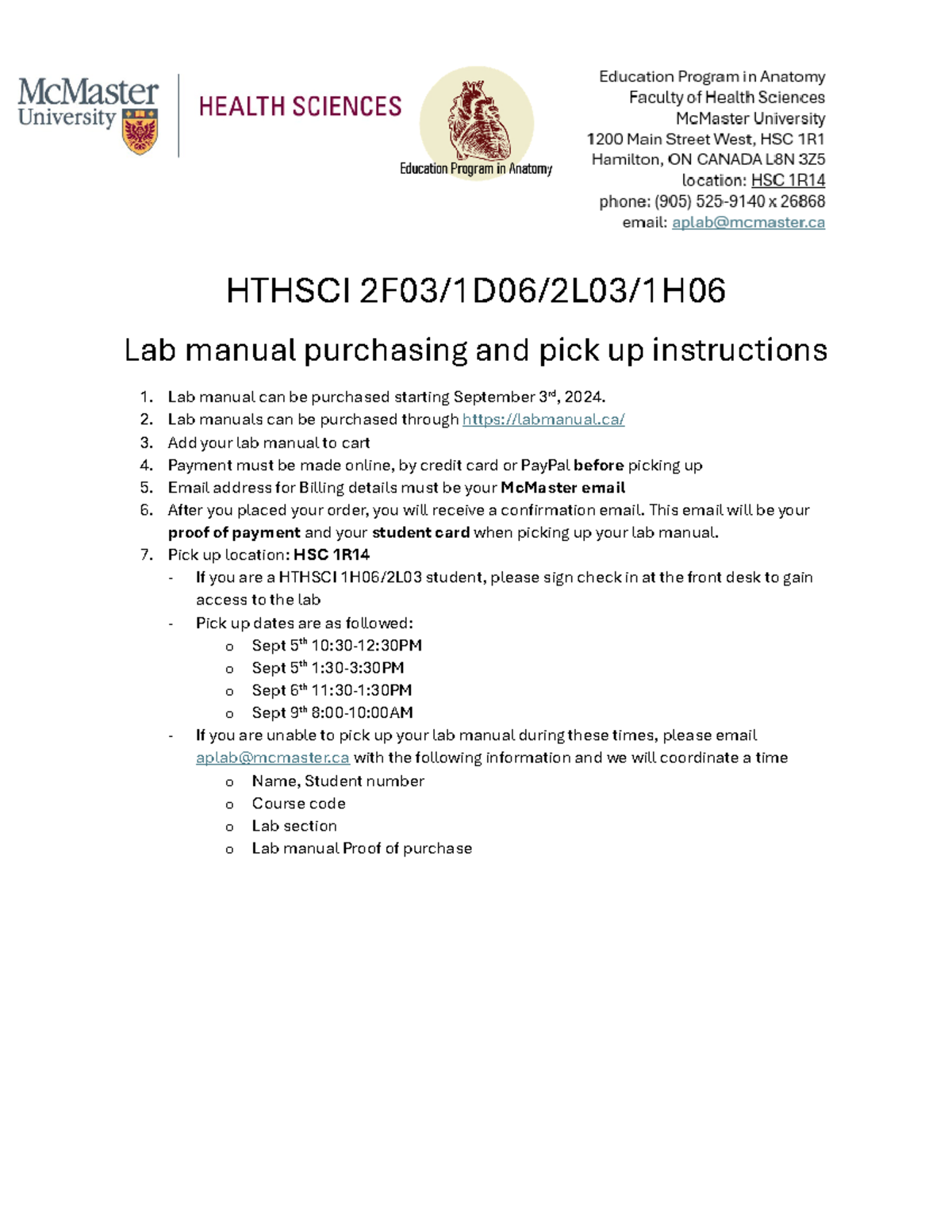 Lab manual purchasing and pick up instructions Fall 2024 - HTHSCI 2F03 ...