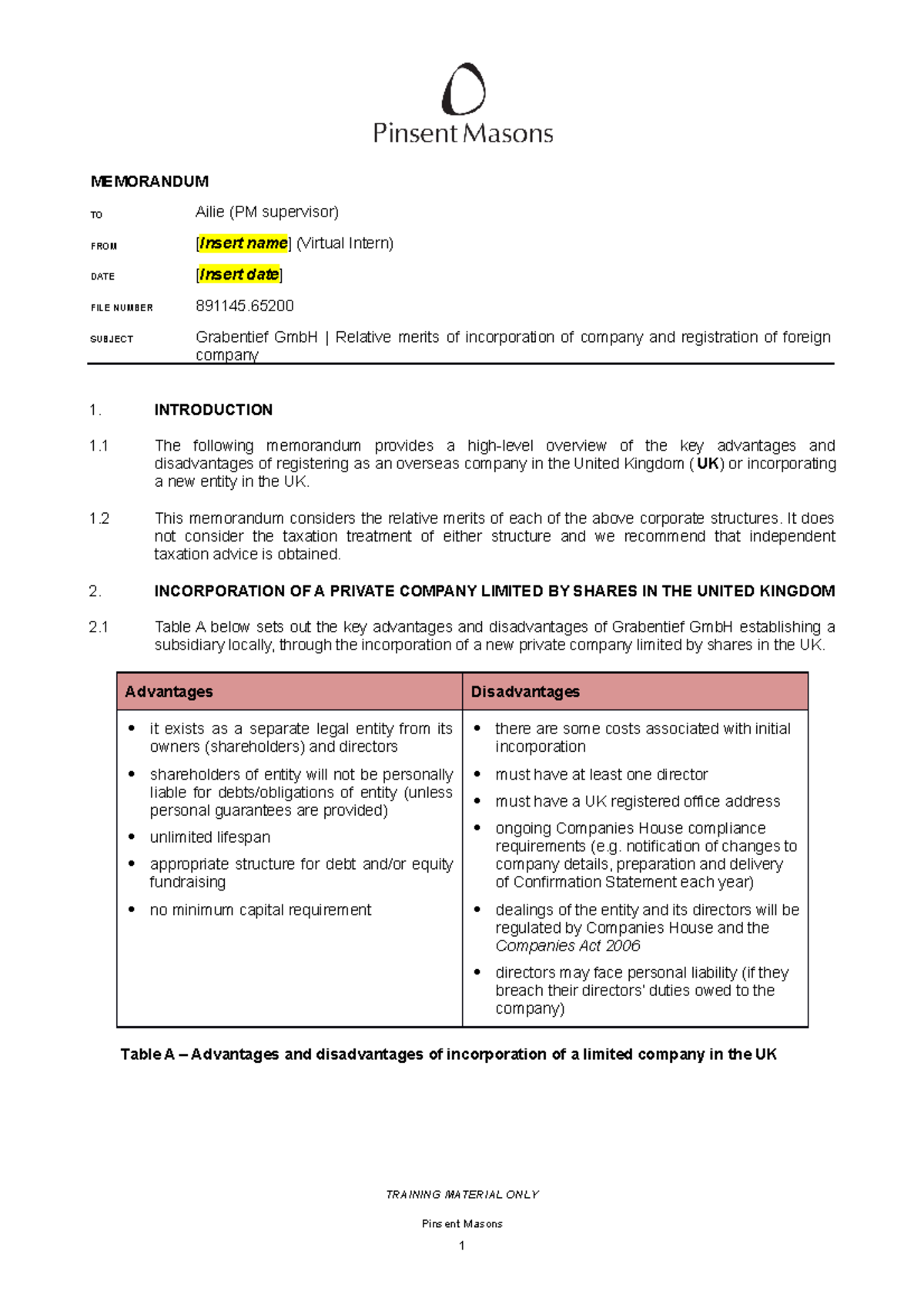 TS Task 1 - Model Answer - Memorandum - MEMORANDUM TO Ailie (PM ...