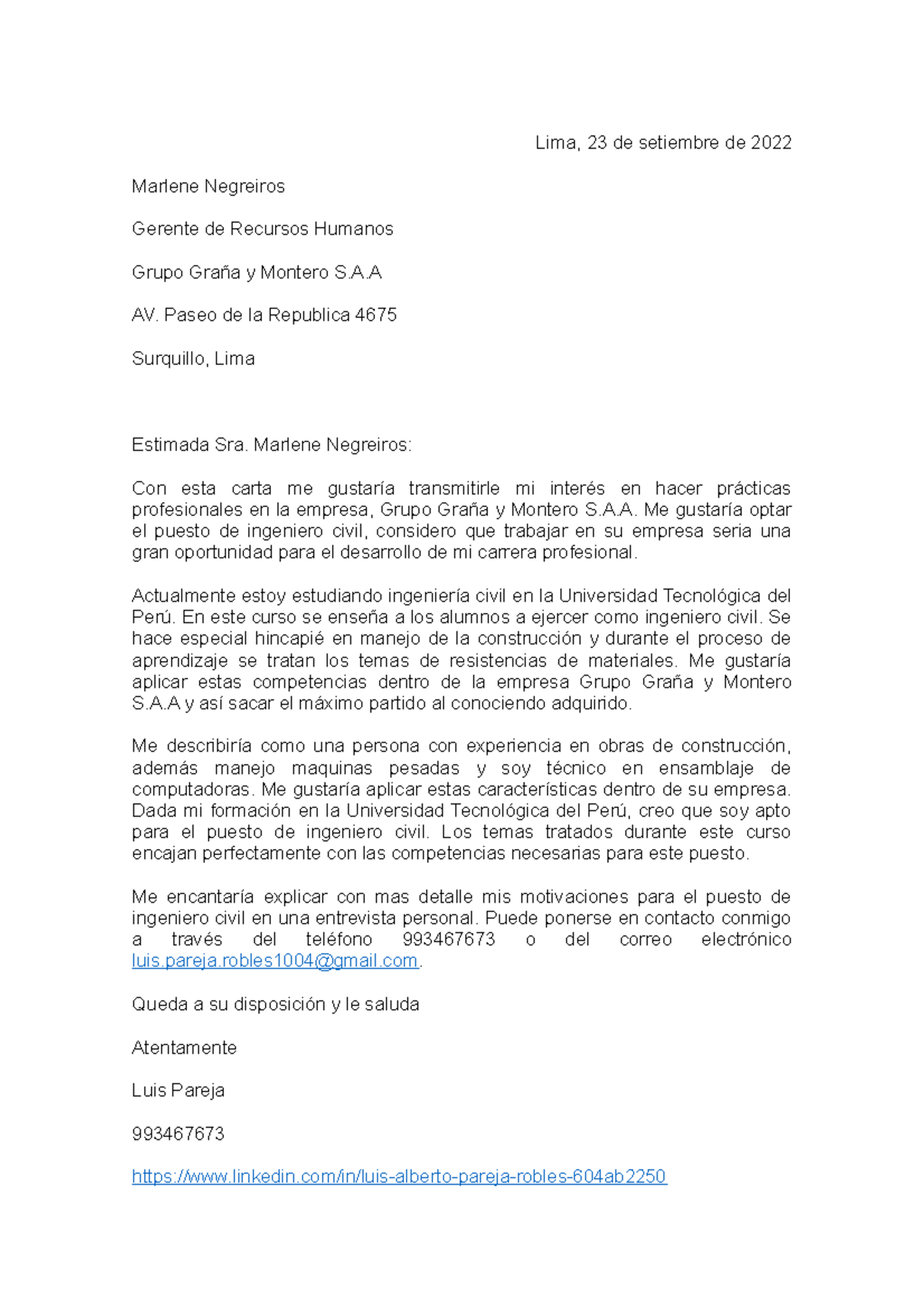 Carta de presentacion o cover letter - Lima, 23 de setiembre de 2022 ...
