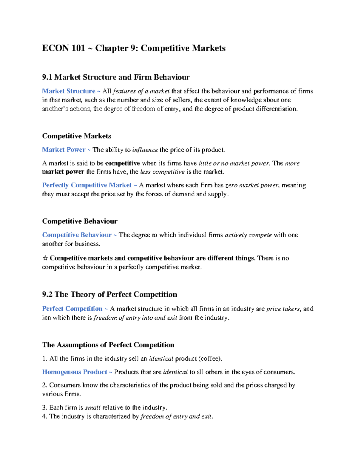 ECON101 - Chapter 9 - ECON 101 ~ Chapter 9: Competitive Markets 9 ...
