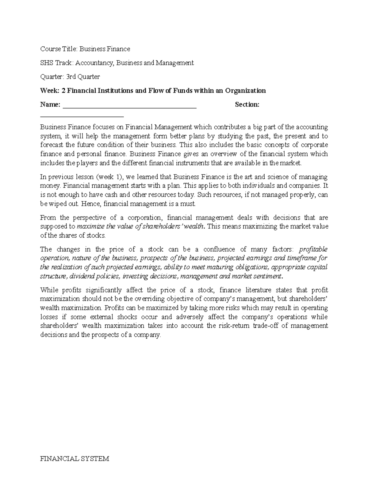 Business Finance Week 2 - Course Title: Business Finance SHS Track ...