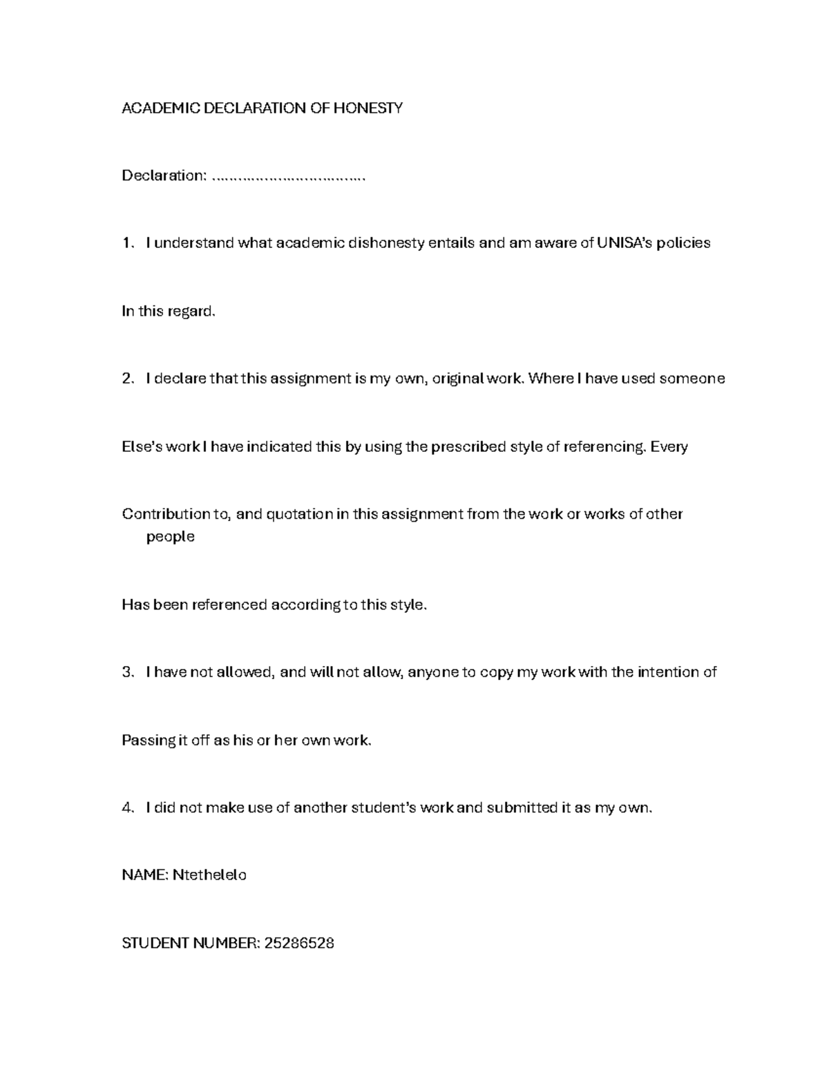 Ntethe doc3 - Let's study together - ACADEMIC DECLARATION OF HONESTY ...