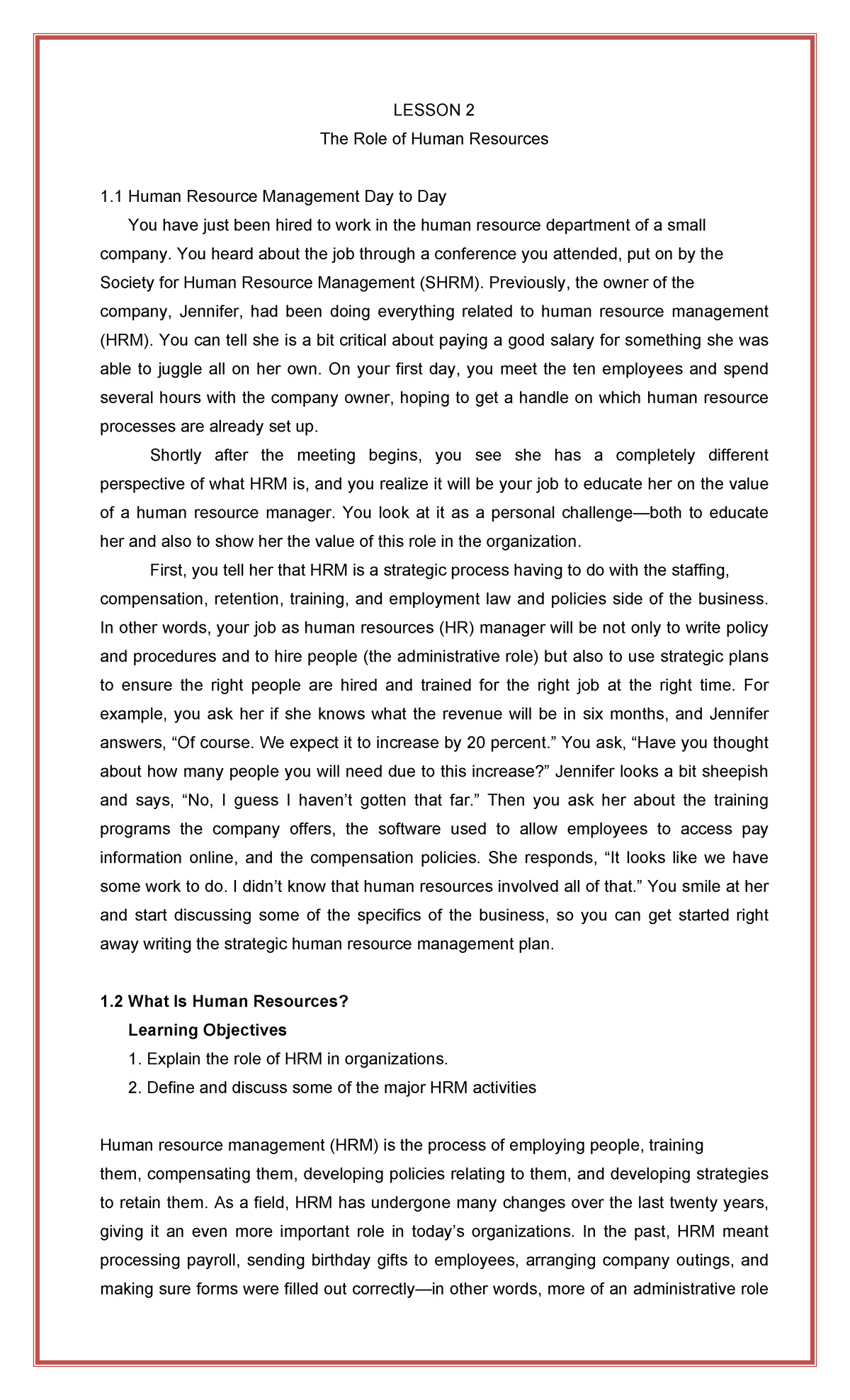 Lesson 2The Role of Human Resources - LESSON 2 The Role of Human ...