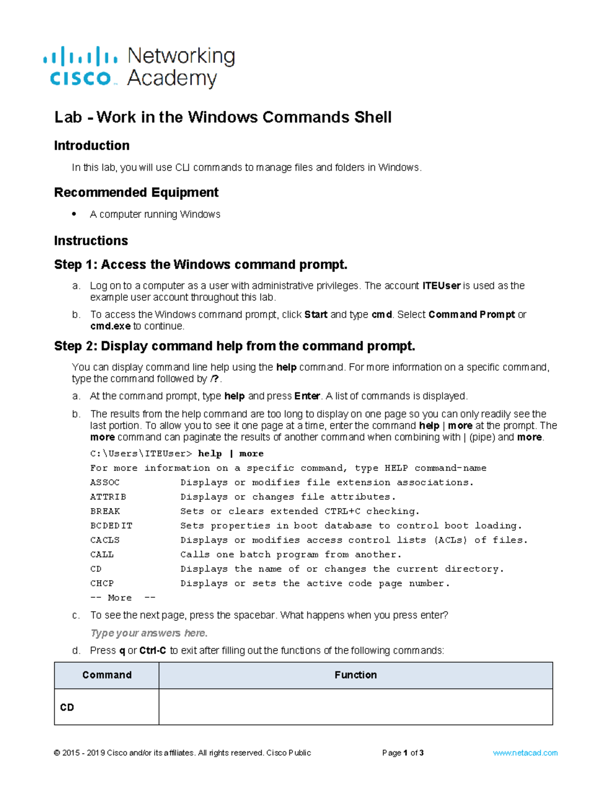 11.4.1.5 Lab - Work in the Windows Command Shell - Lab - Work in the Windows Commands Shell ...