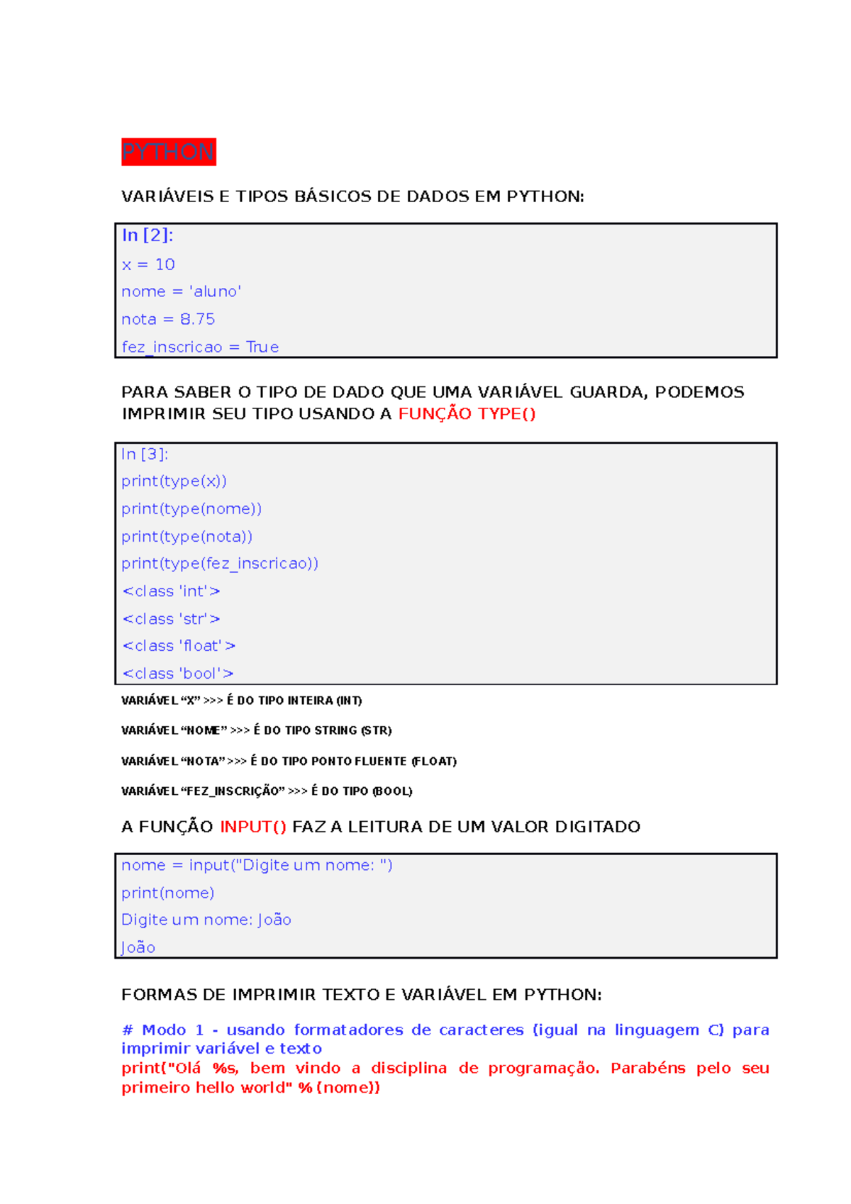 Python Resumo - PYTHON VARIÁVEIS E TIPOS BÁSICOS DE DADOS EM PYTHON: In ...
