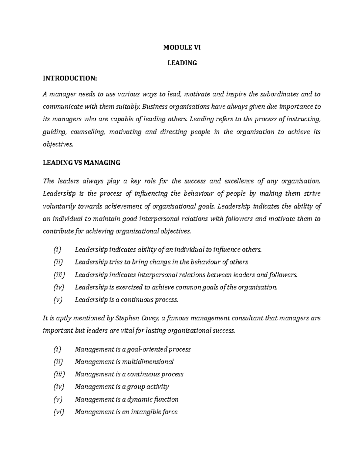 Leading and Controlling Module VI - MODULE VI LEADING INTRODUCTION: A ...