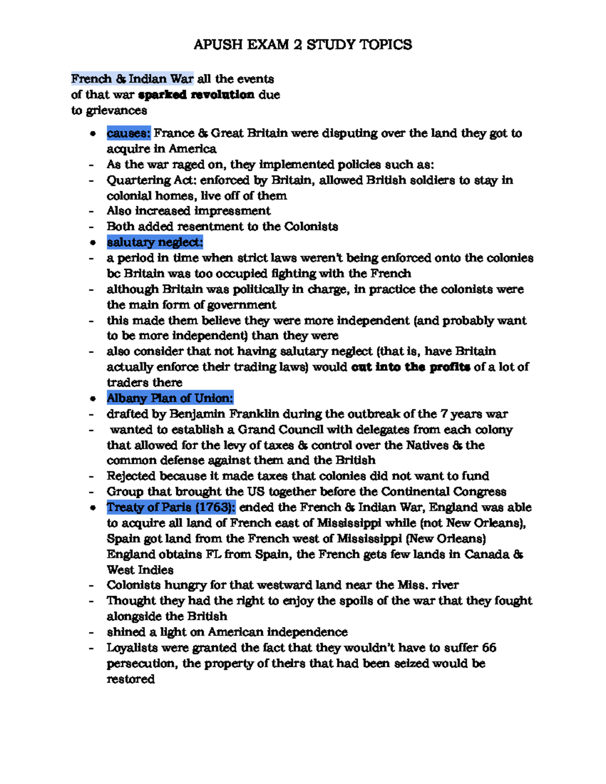 APUSH Exam 2 Study Guide - French & Indian War all the events of that ...