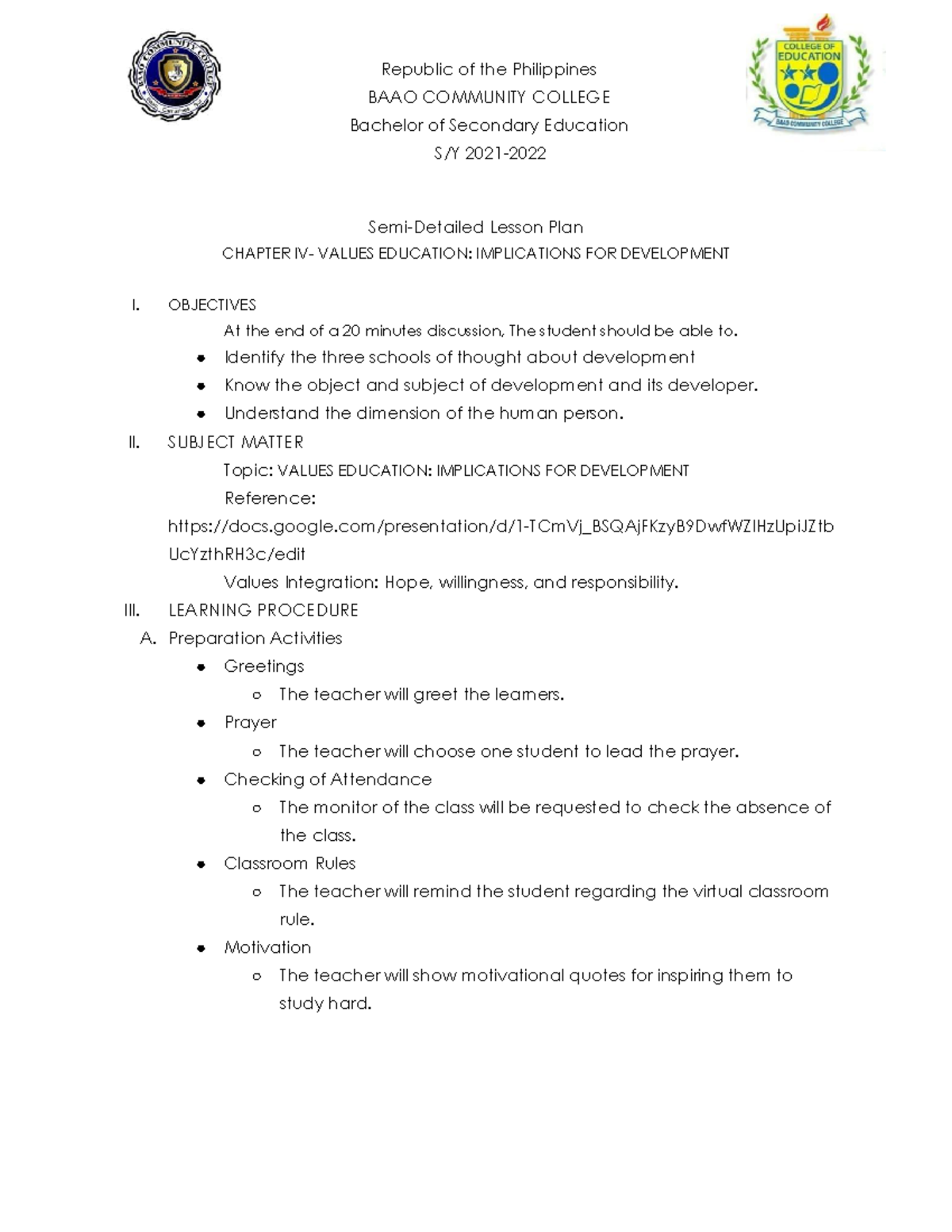 Semi Detailed Lesson Plan For Values Education Major Republic Of The