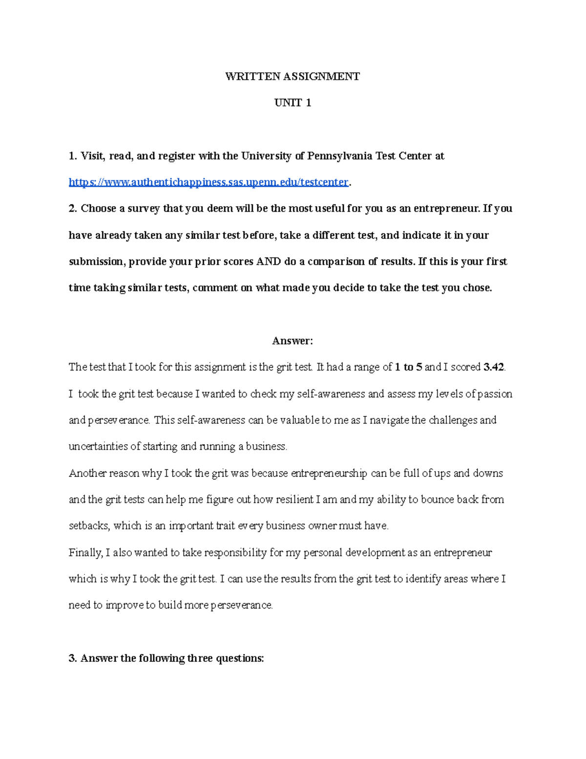 Ent 2 WA1 - Entrepreneurship 1, week 1, unit 1, written assignment, proctored course. - WRITTEN ...